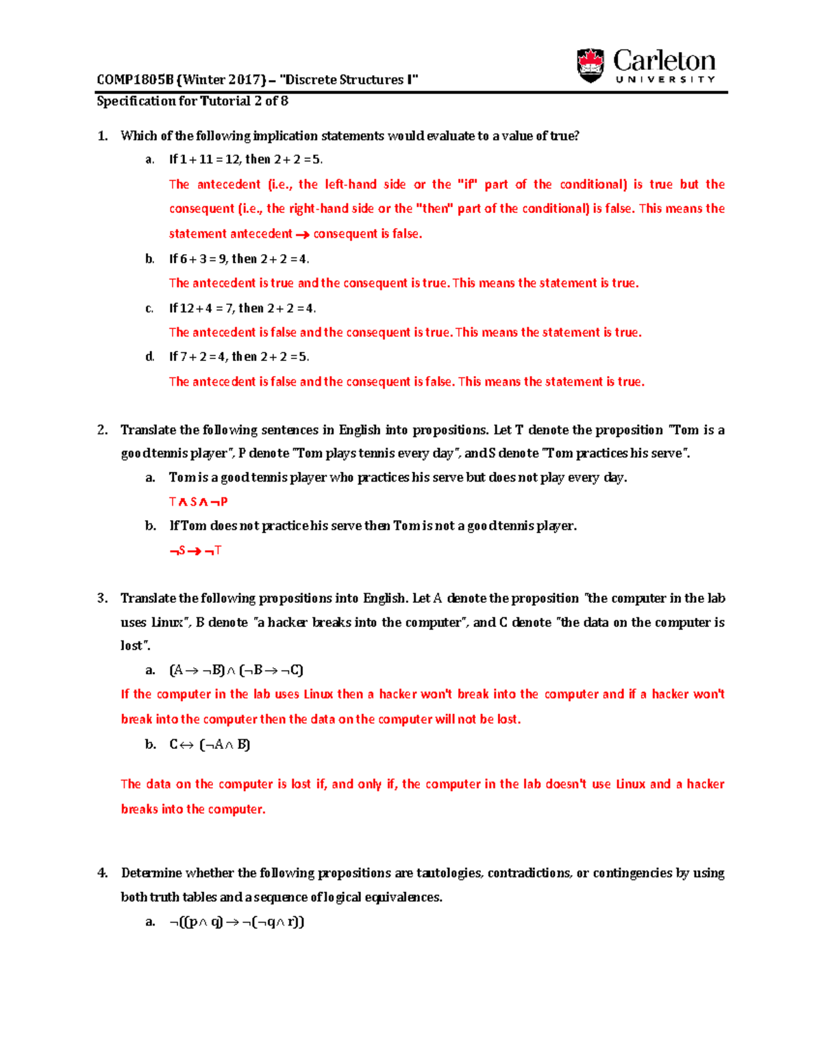 COMP1805 TUT02 (Model Solutions) - COMP1805B (Winter 2017) "Discrete Structures I" - Studocu