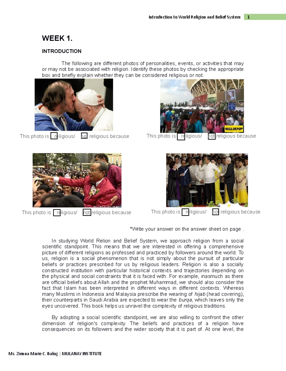 World Religion W1 - Learning Notes Week 1 - WEEK 1. INTRODUCTION The ...