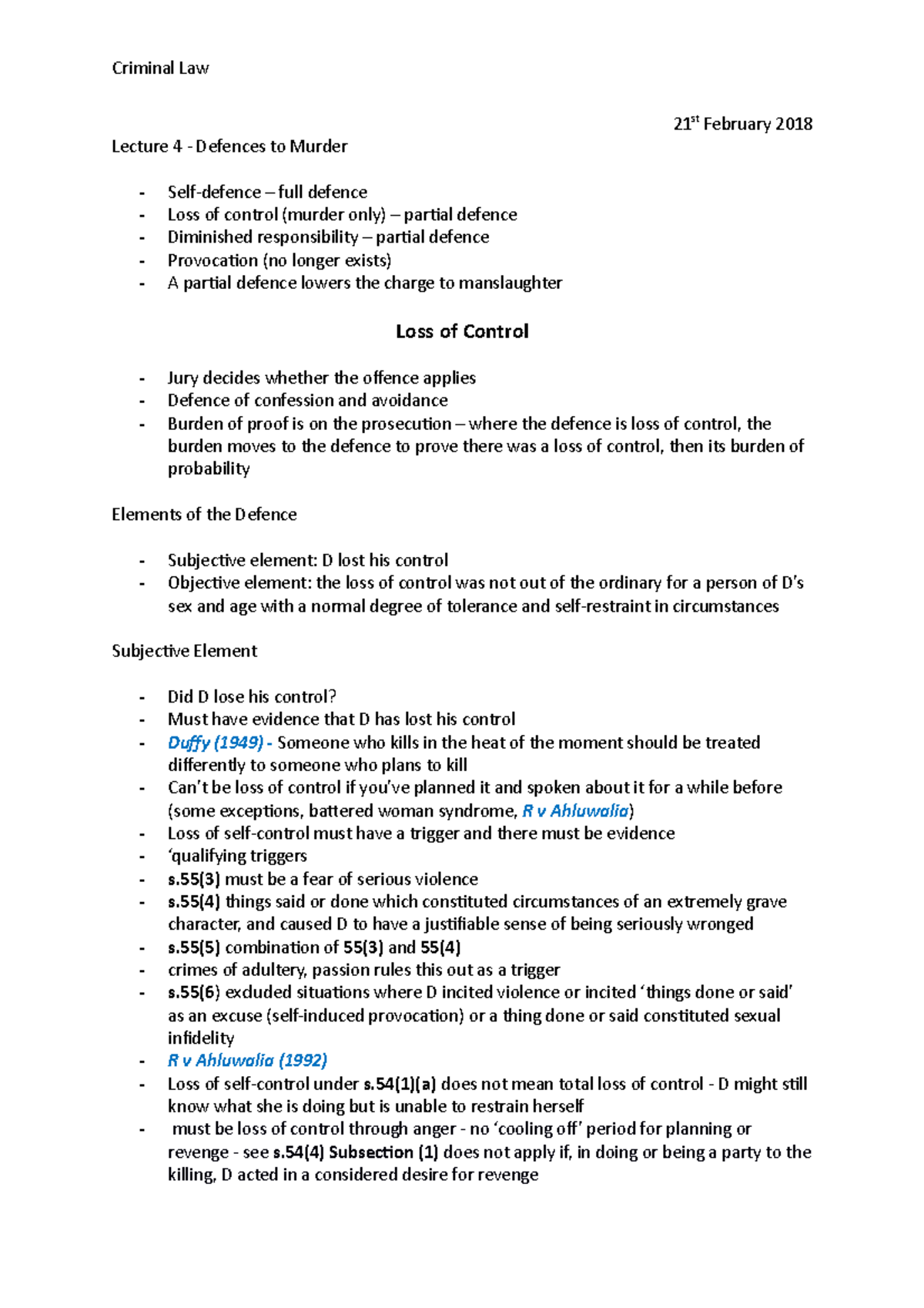 L4 defences to murder - Lecture notes 1 - Criminal Law 21st February ...