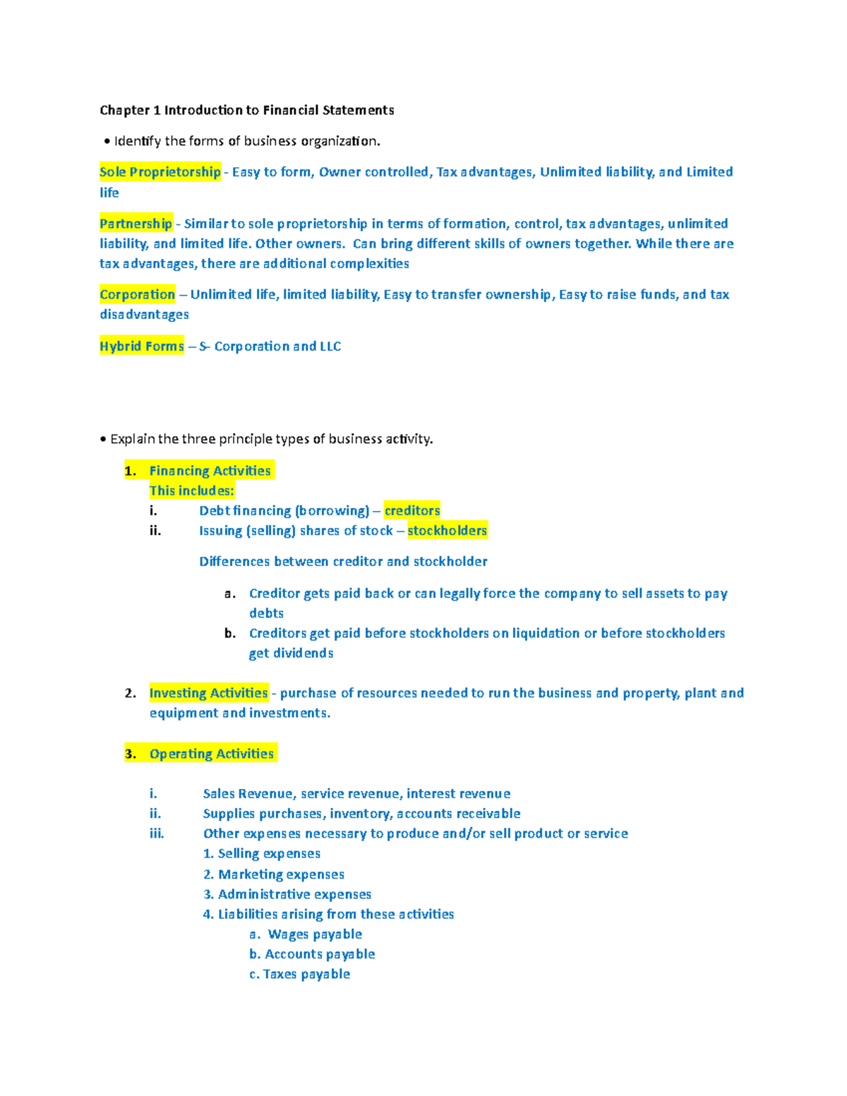 ACCT 303 - Study Guide Exam 1 - Chapter 1 Introduction to Financial ...