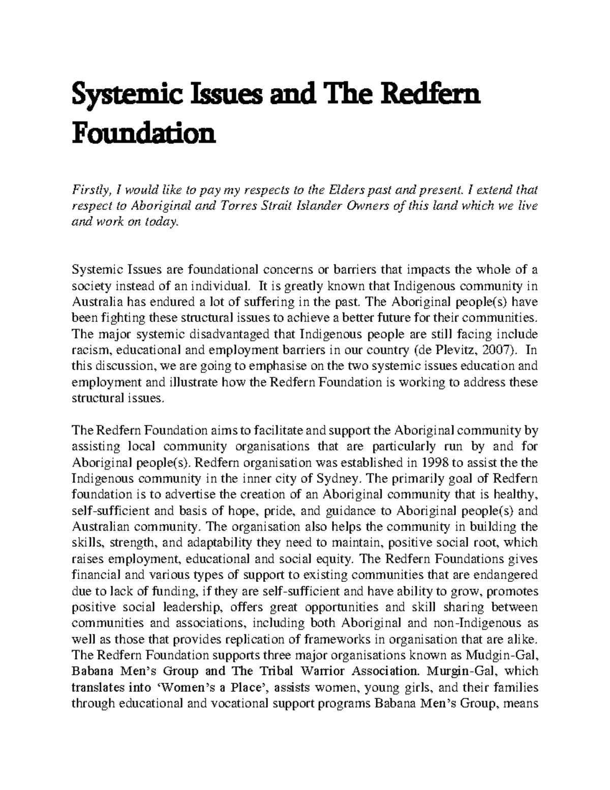 Essay and Professional Reflection - Systemic Issues and The Redfern ...