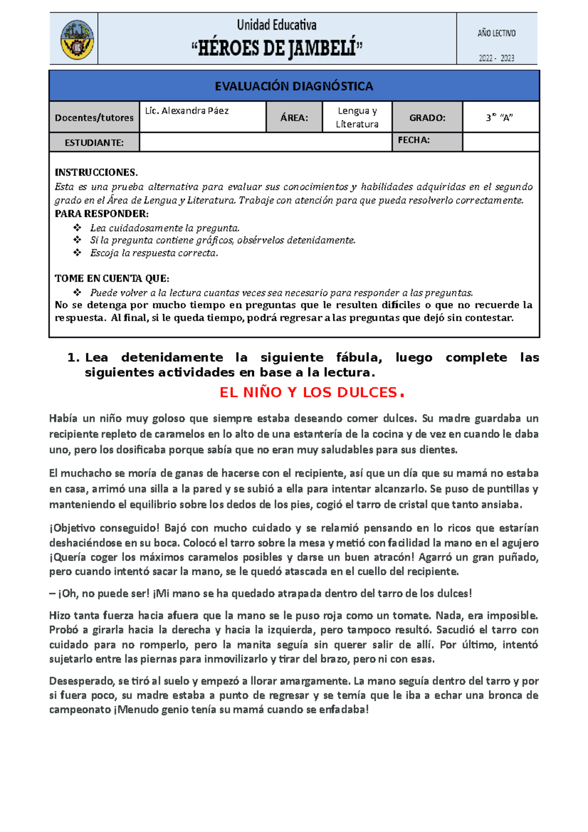 Evaluación Diagnóstica Lengua Unehjam 3RO - EVALUACIÓN DIAGNÓSTICA ...