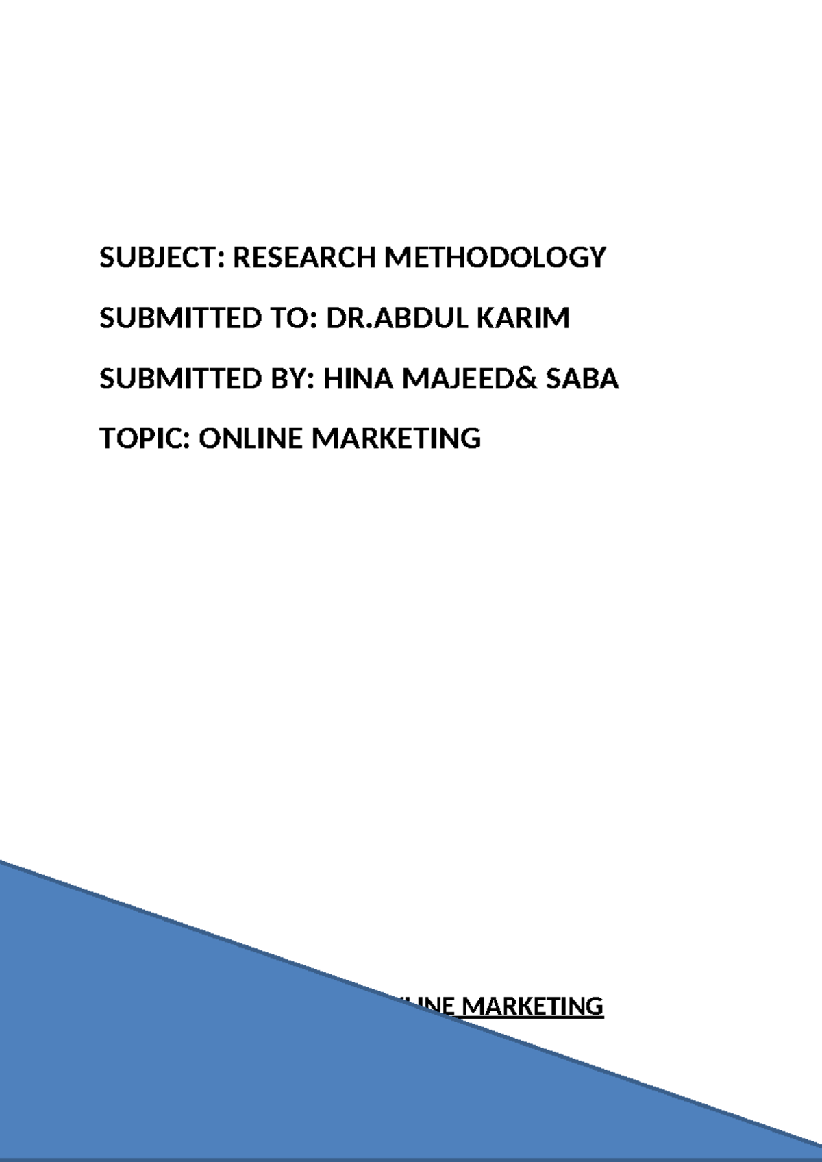 Research Article ON Online Marketing - SUBJECT: RESEARCH METHODOLOGY ...