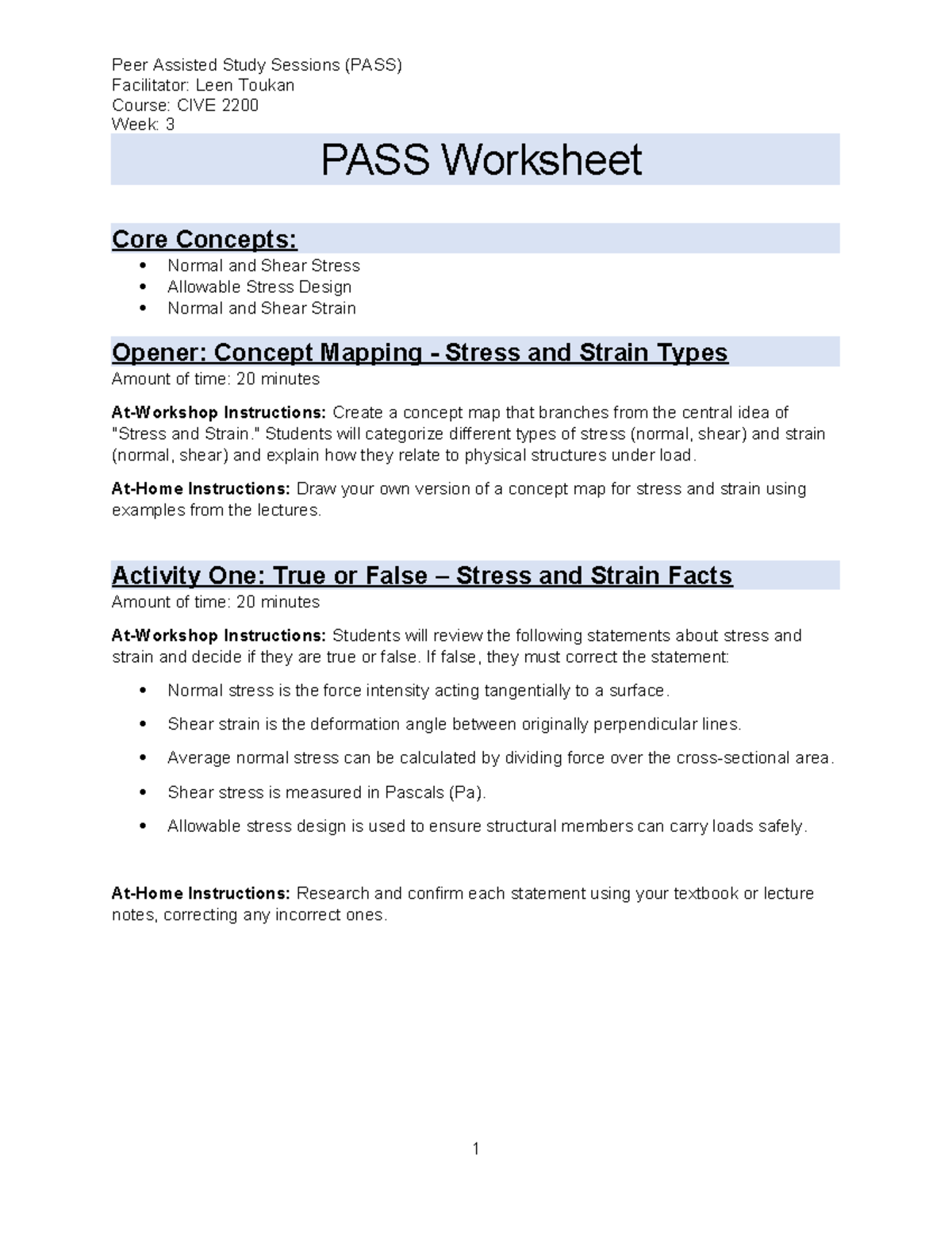 CIVE 2200 AB Week 3 - PASS WORKSHEET FOR EXTRA PRACTISE - Peer Assisted ...