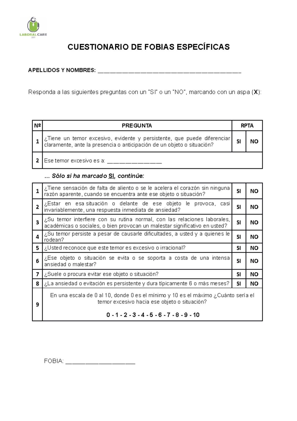 Cuestionario DE Fobias Específicas - CUESTIONARIO DE FOBIAS ESPECÍFICAS ...