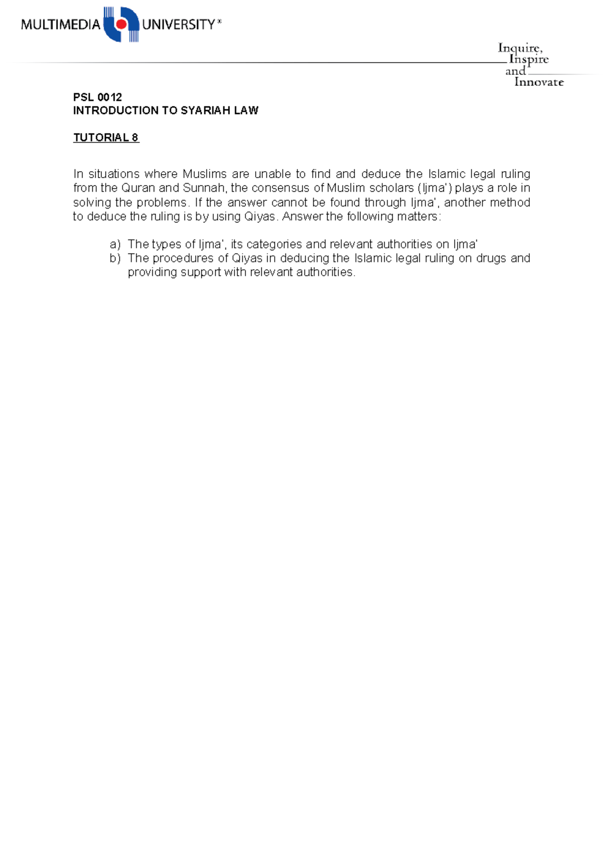 Tutorial 8 - week 11 - PSL 0012 INTRODUCTION TO SYARIAH LAW TUTORIAL 8 ...