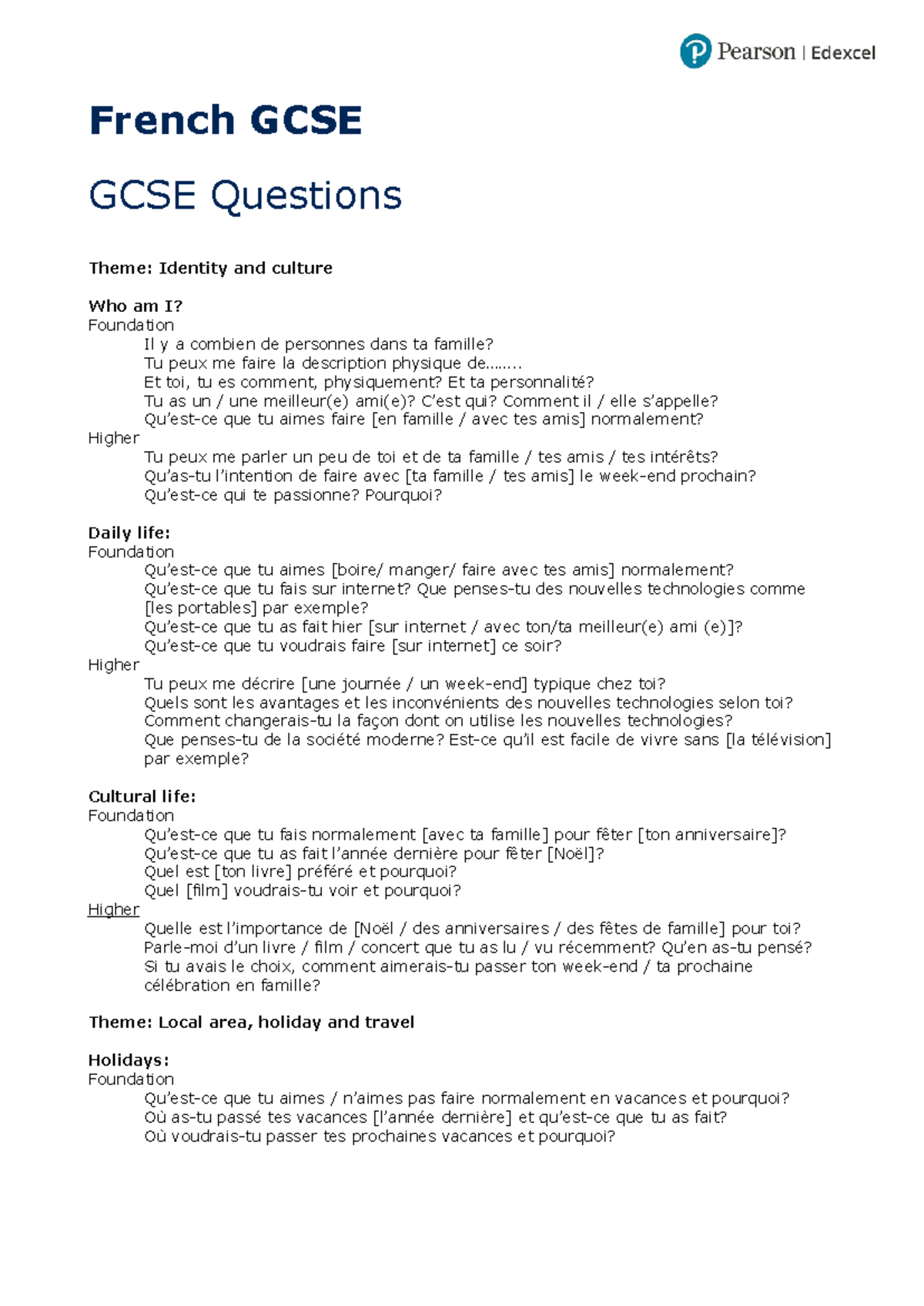 Example-conversation-questions - French GCSE GCSE Questions Theme ...