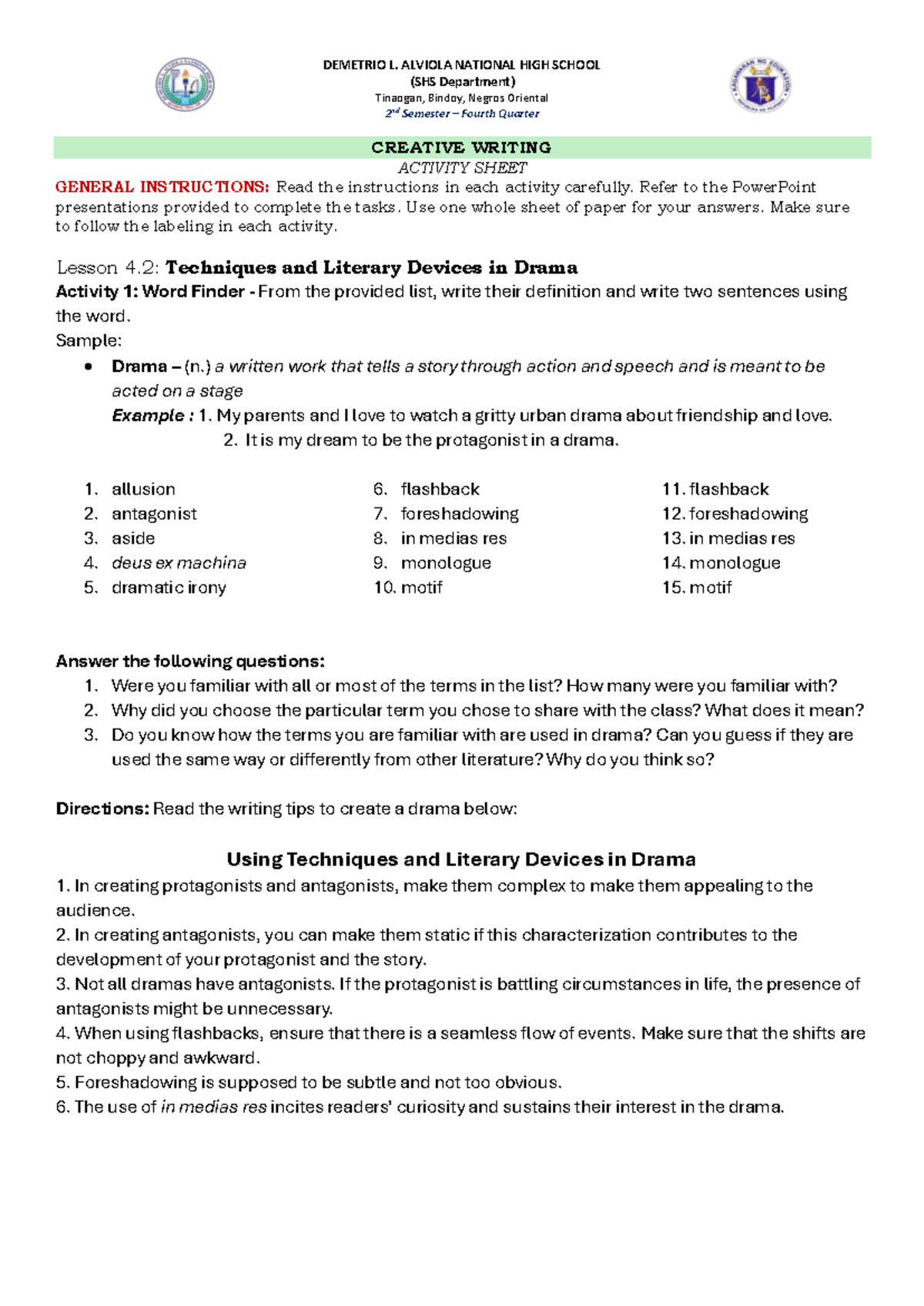CW AL2 Techniques-and-Literary-Devices-of-Drama - DEMETRIO L. ALVIOLA ...