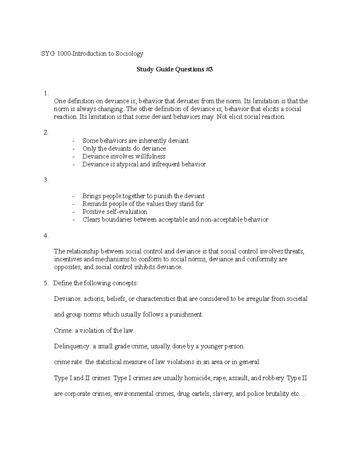 SYG2000 Study Guide 3 - SYG 1000-Introduction to Sociology Study Guide ...