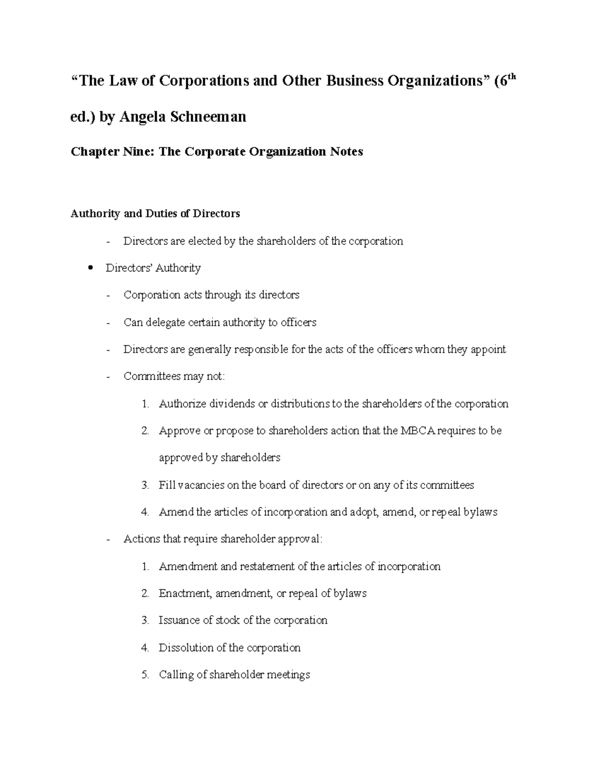 Corporate Law Chapter Nine Notes - “The Law of Corporations and Other ...