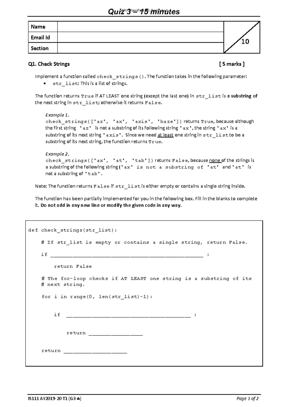 Quiz 3B (G3) (v1 - quiz useful for practice - Quiz 3 – 15 minutes IS111 ...