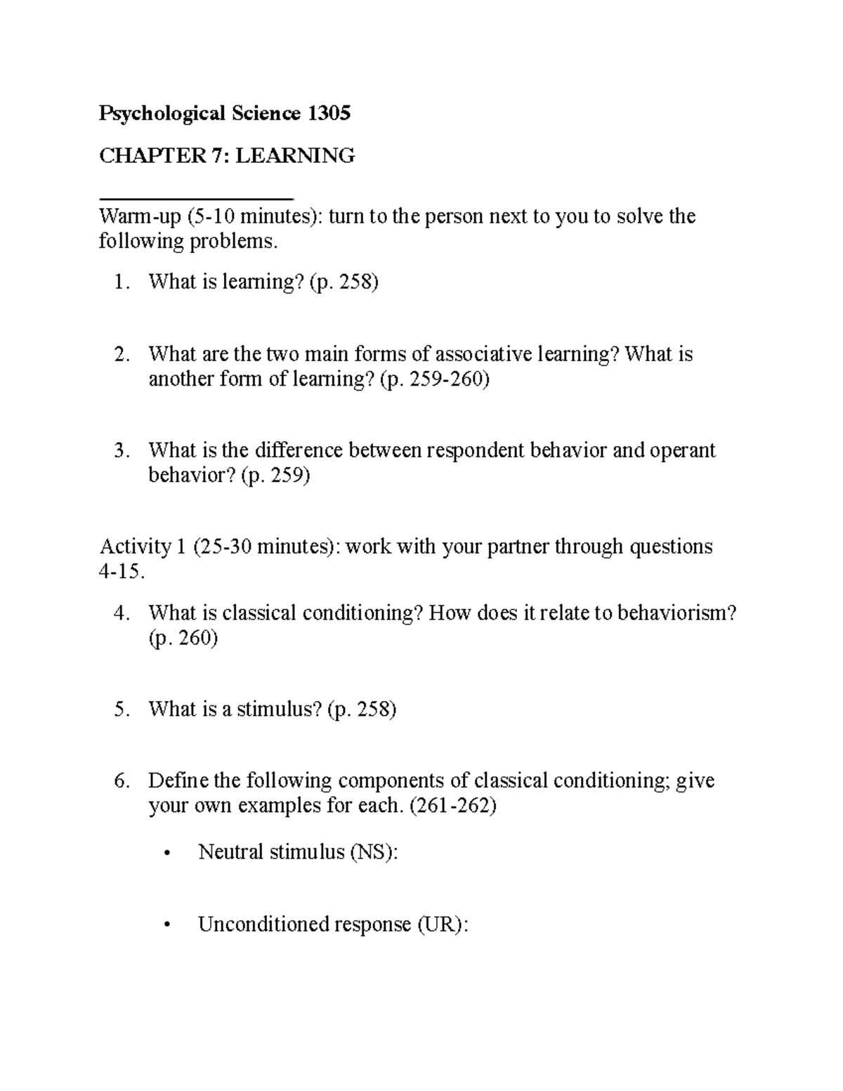 Chapter 7 test review - Psychological Science 1305 CHAPTER 7: LEARNING ...