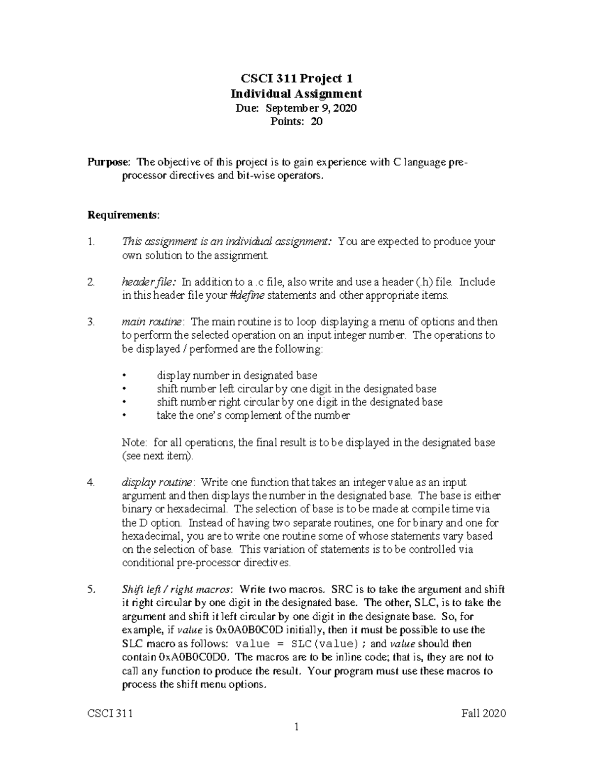 Project 1 - Homework - CSCI 311 Fall 2020 CSCI 311 Project 1 Individual ...