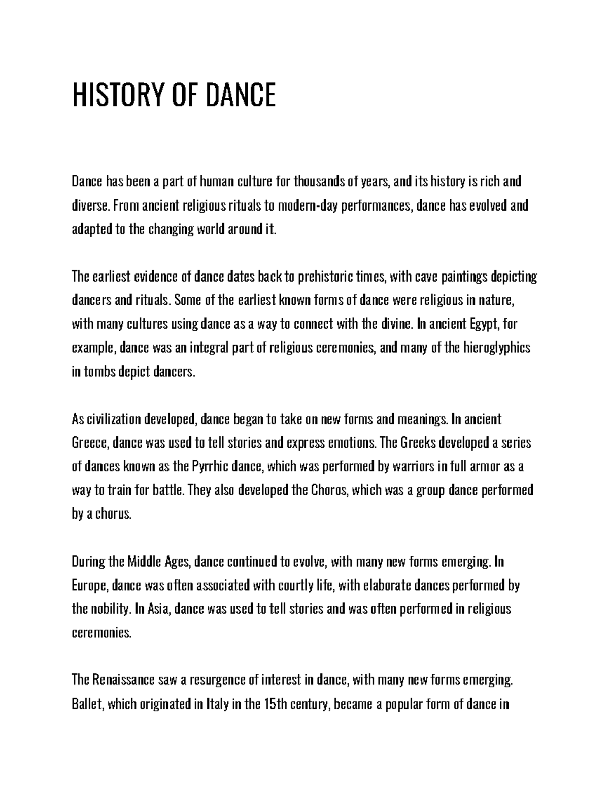 History of Dance - This will be very helpful on tests, good luck ...