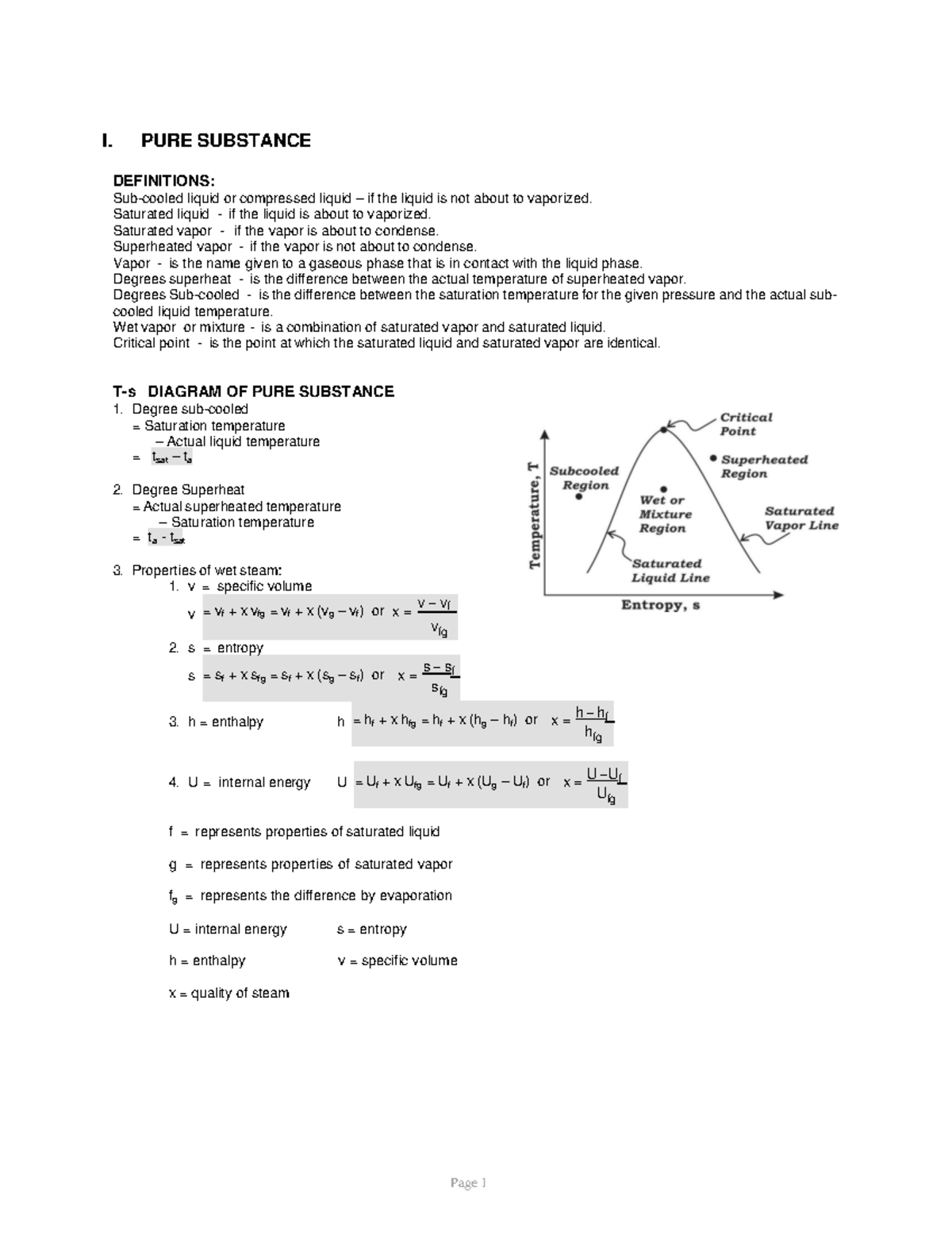Thermo-2 - Okayyy - I. PURE SUBSTANCE DEFINITIONS: Sub-cooled liquid or ...