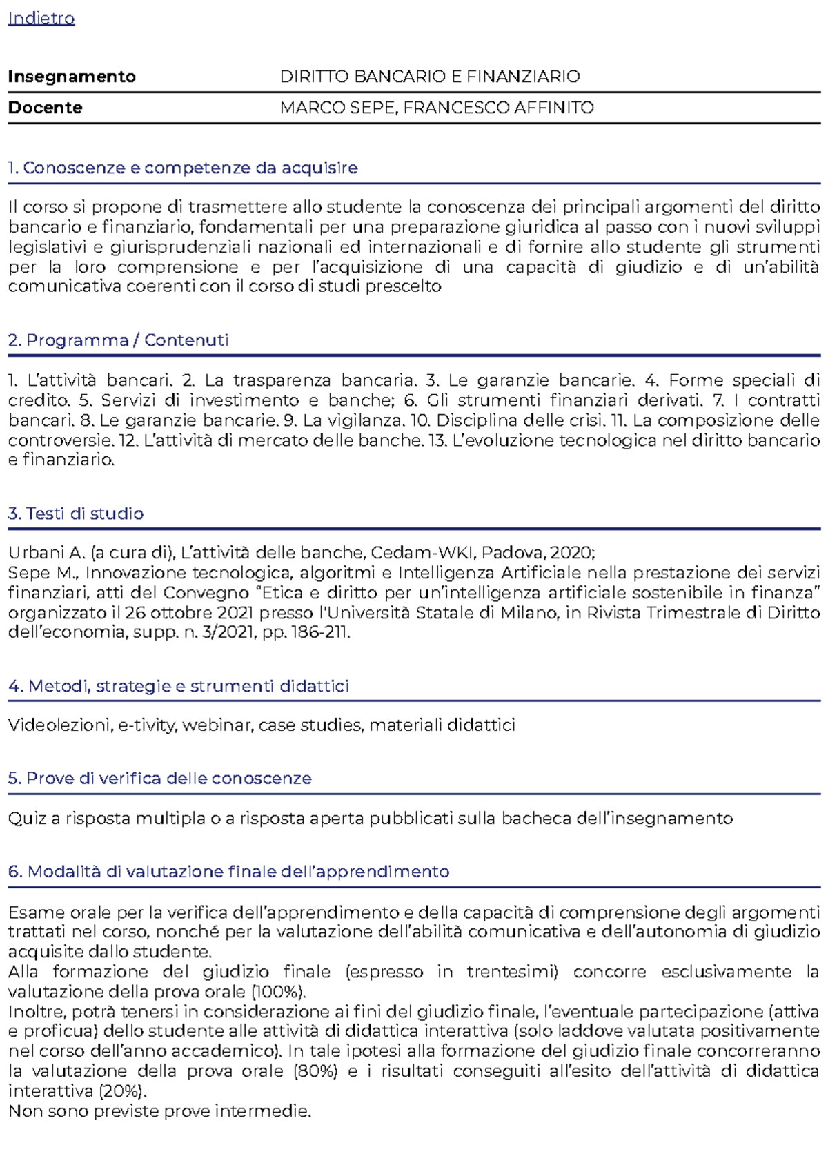 Programmi - Indietro Insegnamento DIRITTO BANCARIO E FINANZIARIO ...