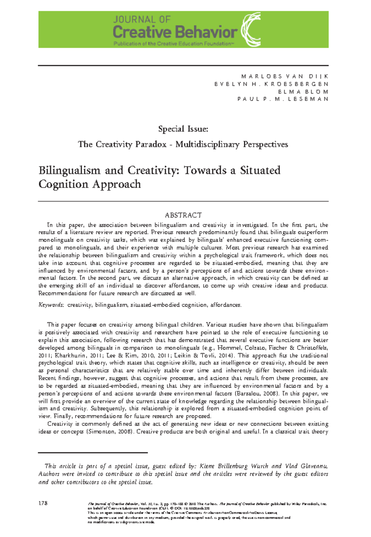 Van Dijk et al (2018 ) - Bilingualism and Creativity Towards a Situated Cognition Approach - Studocu