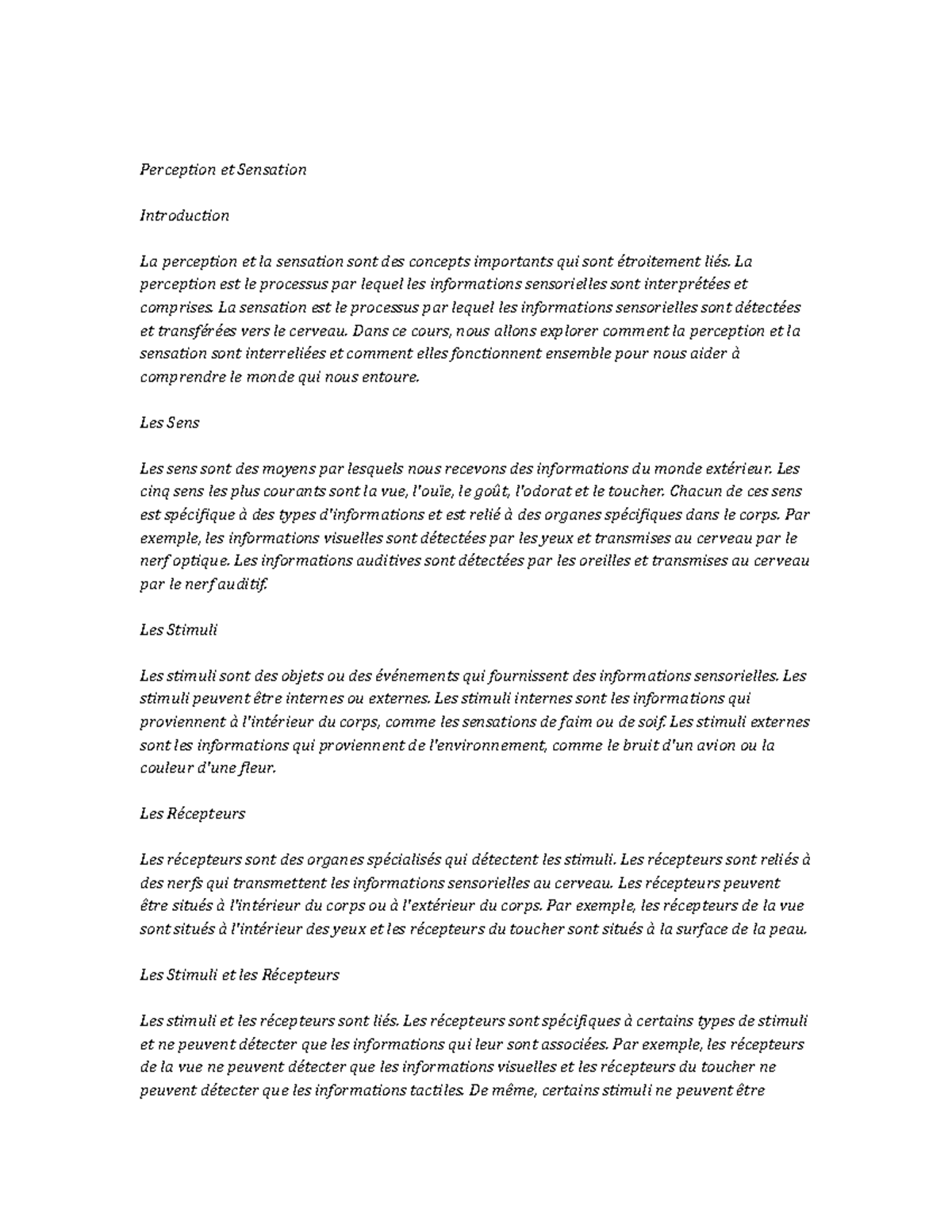 Perception and Sensation Study Notes - Perception et Sensation ...