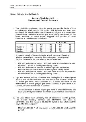 PSYC 90.01 Worksheet 1 - Estrada - PSYC 90 YA BASIC STATISTICS DRR Name ...