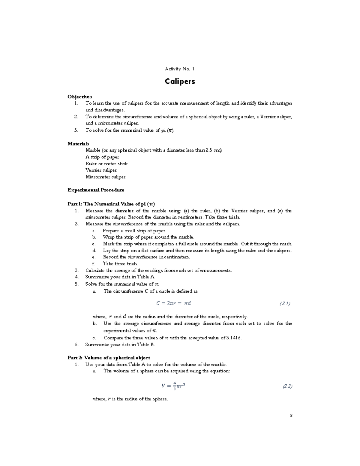 Activity 1 - Activity No. 1 Calipers Objectives 1. To learn the use of ...