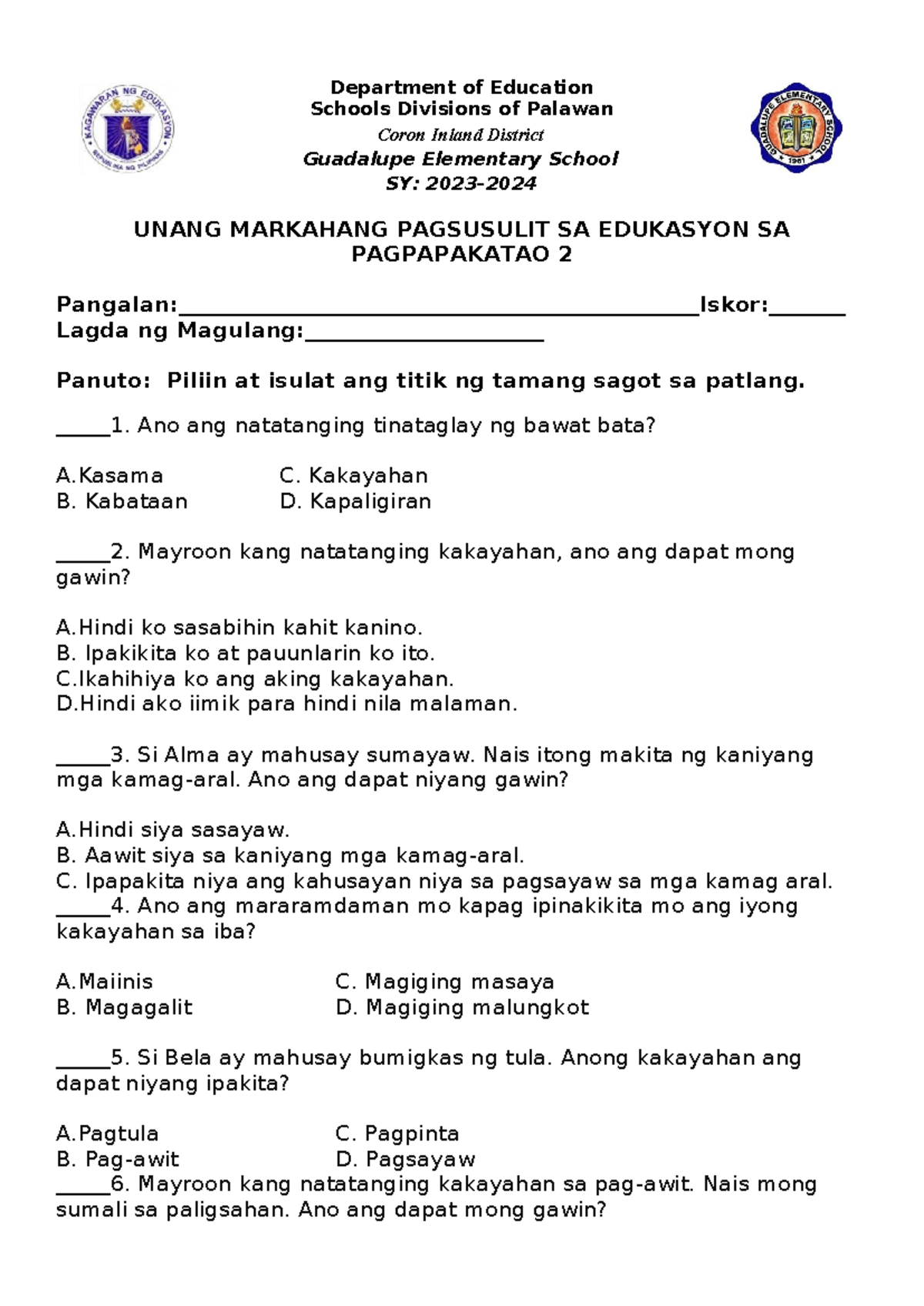 ESP 2 PT - periodic test - Department of Education Schools Divisions of ...
