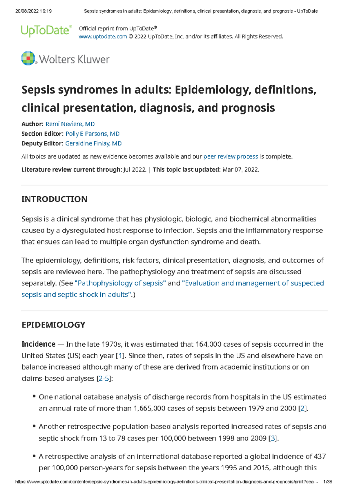 Sepsis syndromes in adults Epidemiology, definitions, clinical ...
