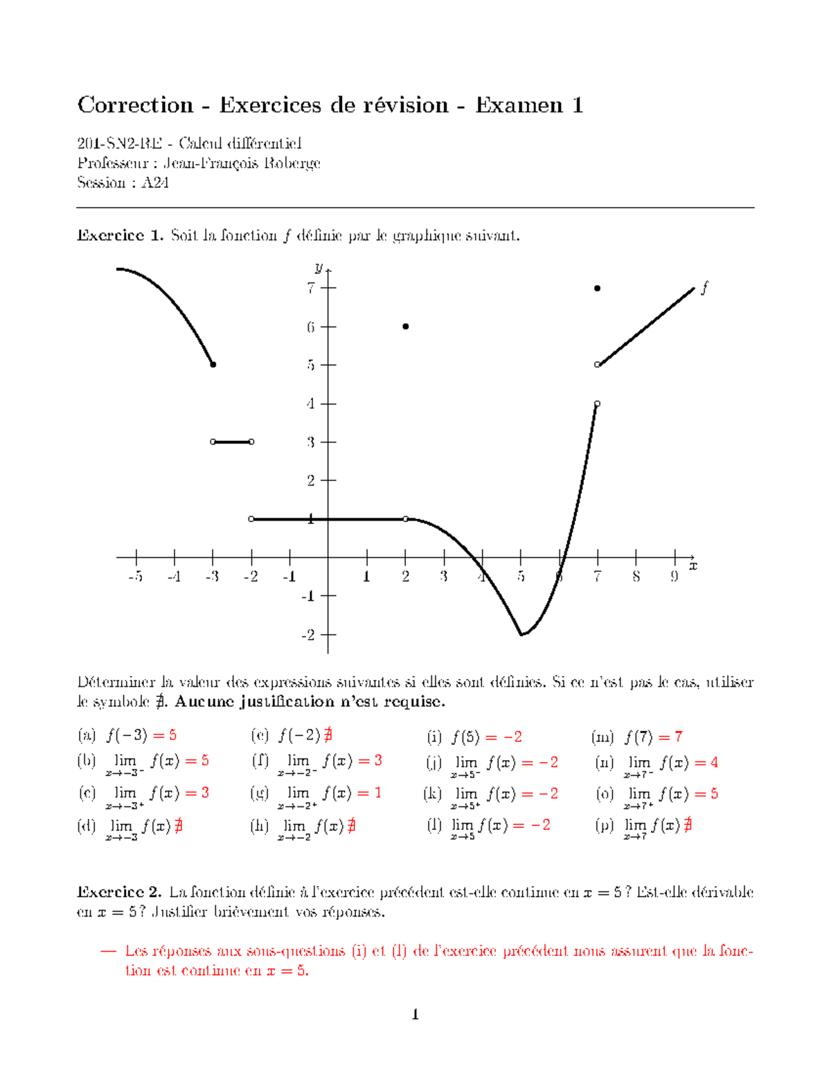 Correction revision 1 - Calcul Differentiel - Correction - Exercices de ...