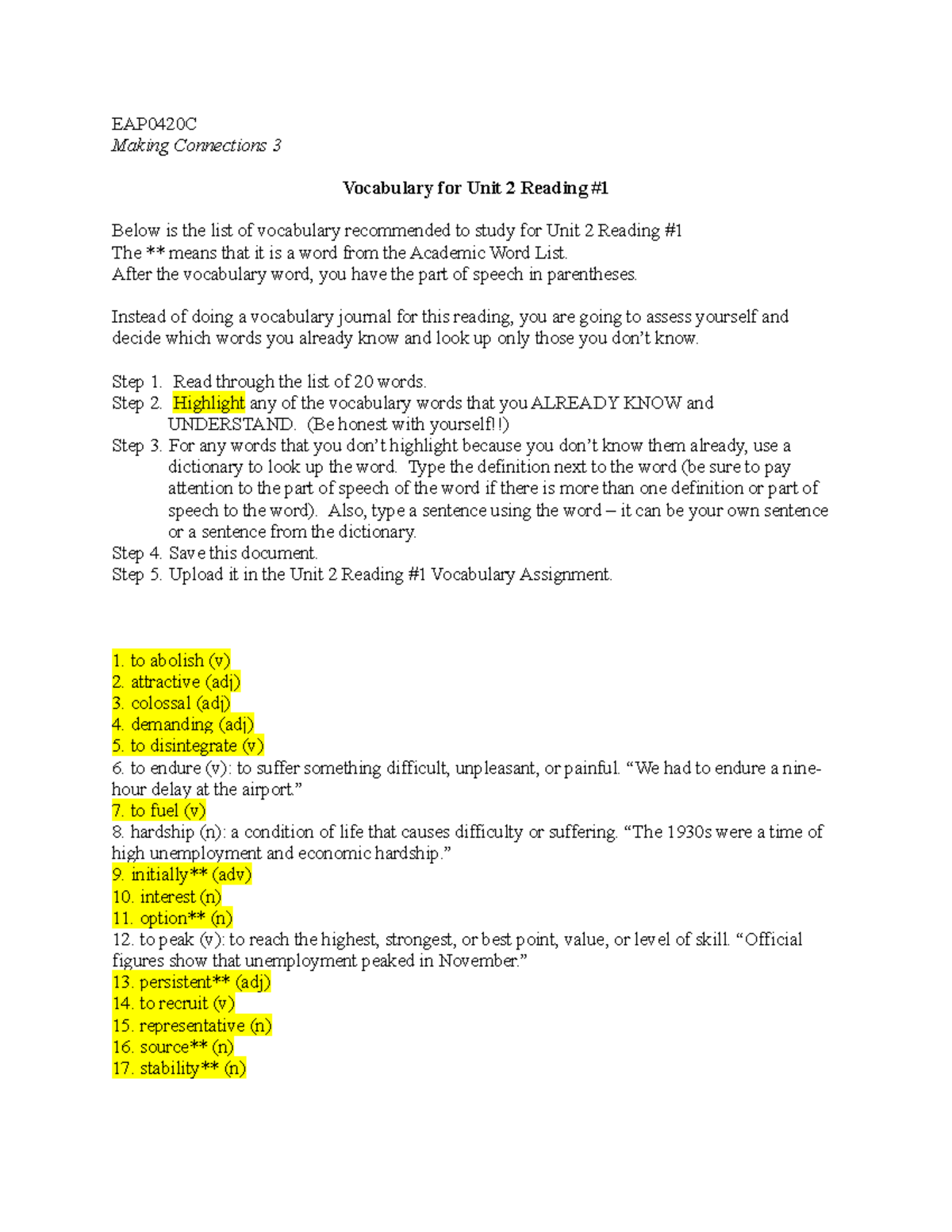 Unit 2 Reading #1 Vocabulary Homework - EAP0420C Making Connections 3 Vocabulary for Unit 2 ...