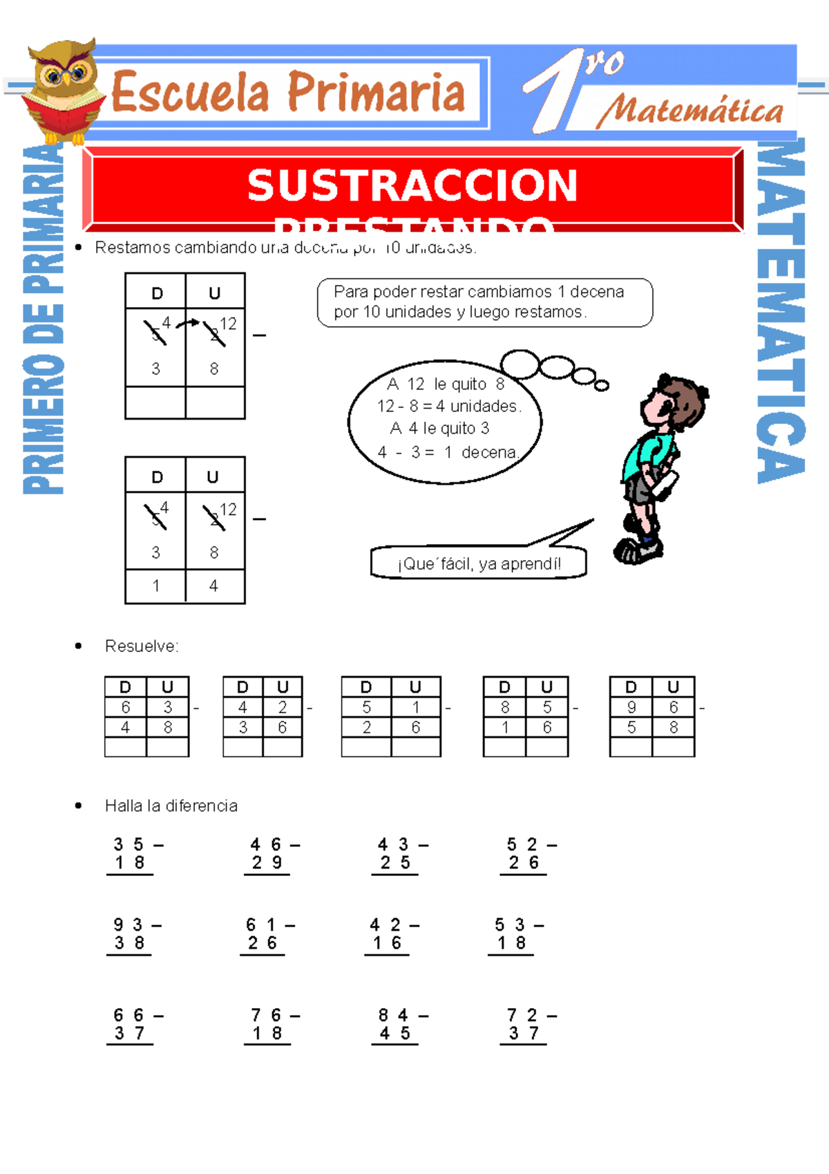 Sustraccion Prestando para Primero de Primaria - Primero de Primaria ...