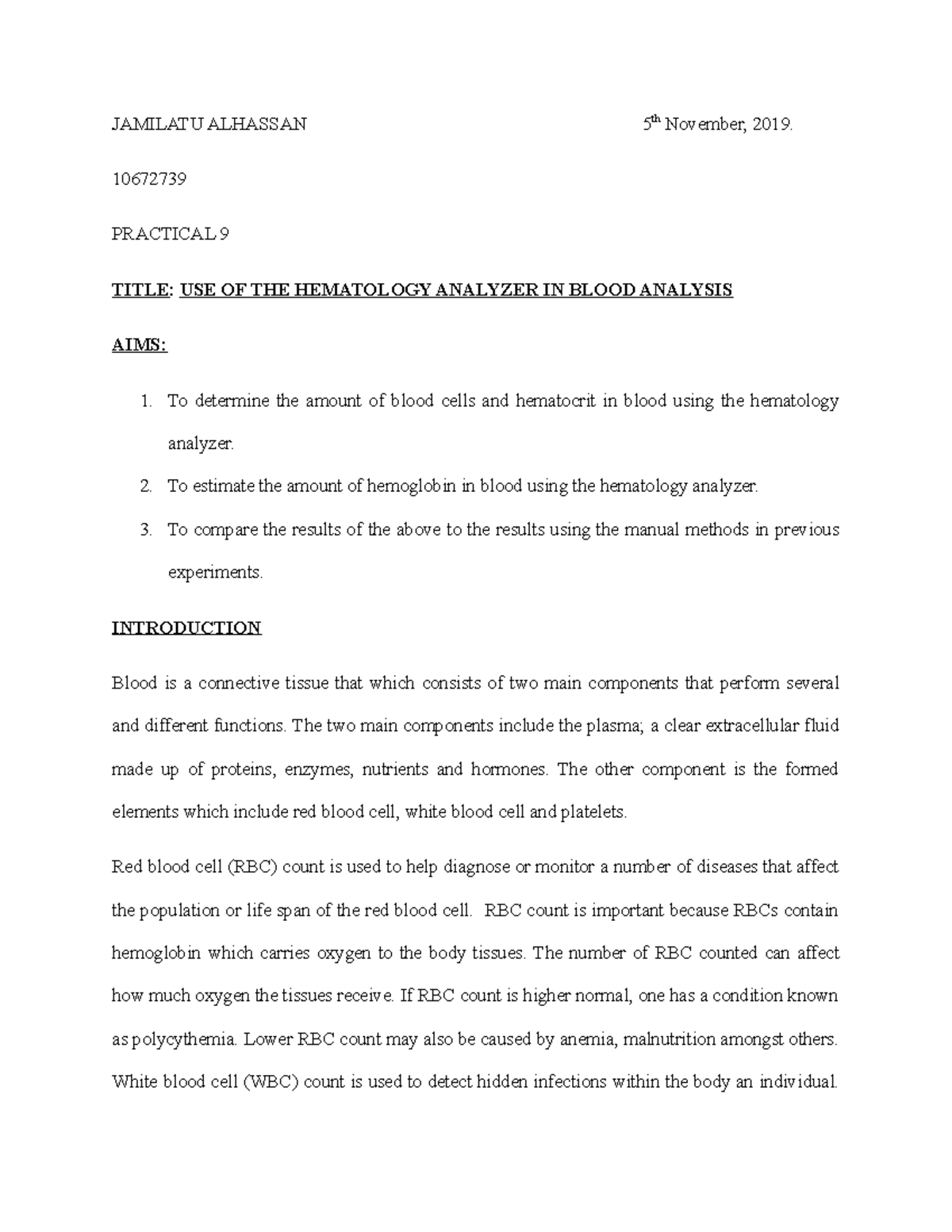 Hematology analyzer - a lap report - JAMILATU ALHASSAN 5th November ...