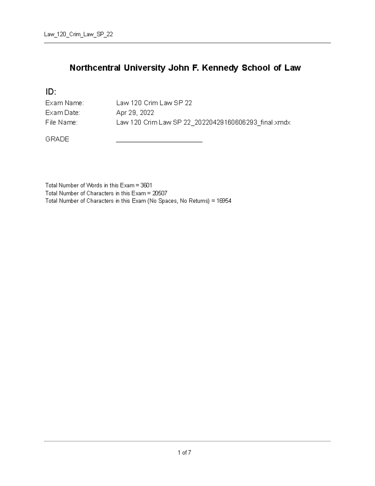 2 Law 120 Criminal Law Model Answer 2 - Northcentral University John F ...