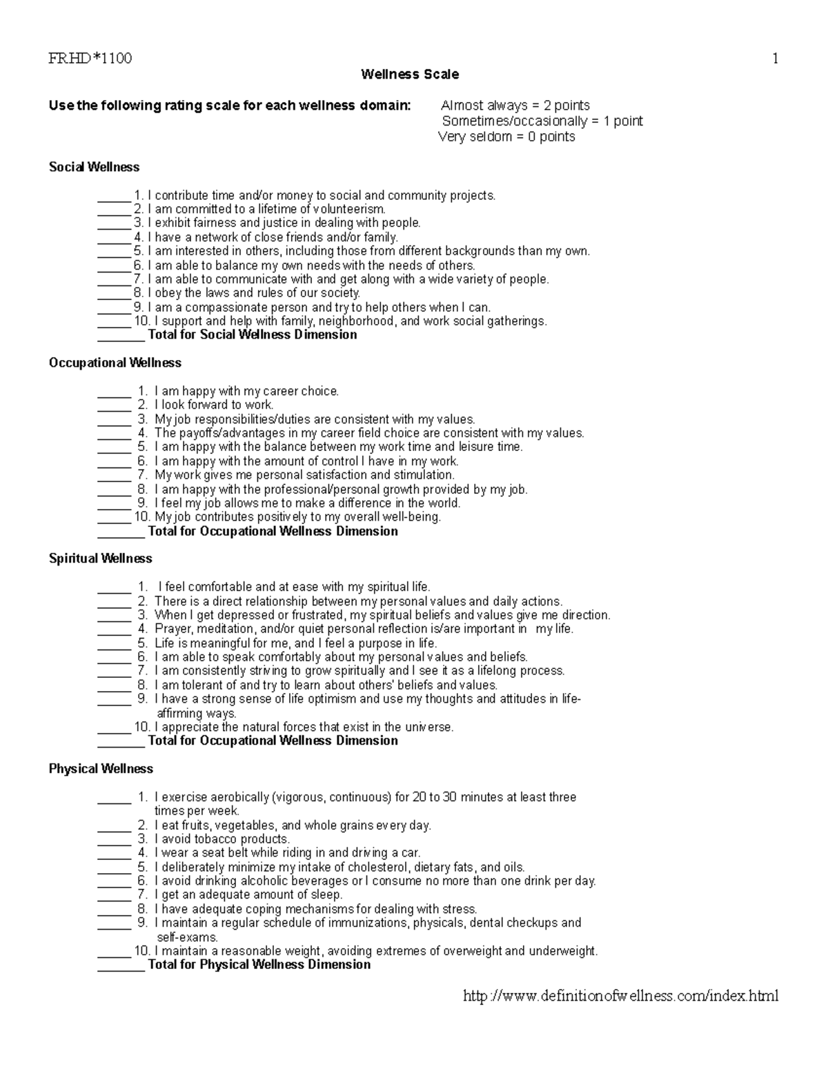 Wellness Inventory - FRHD* Wellness Scale Use the following rating ...