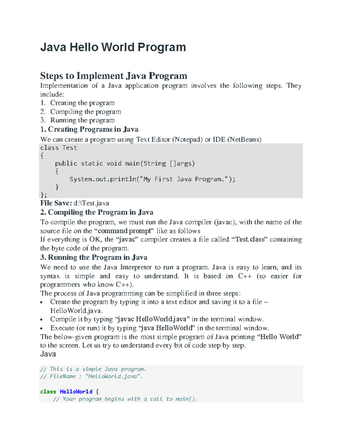 Java Programming Practical Lesson 1 Java Hello World Program Steps To
