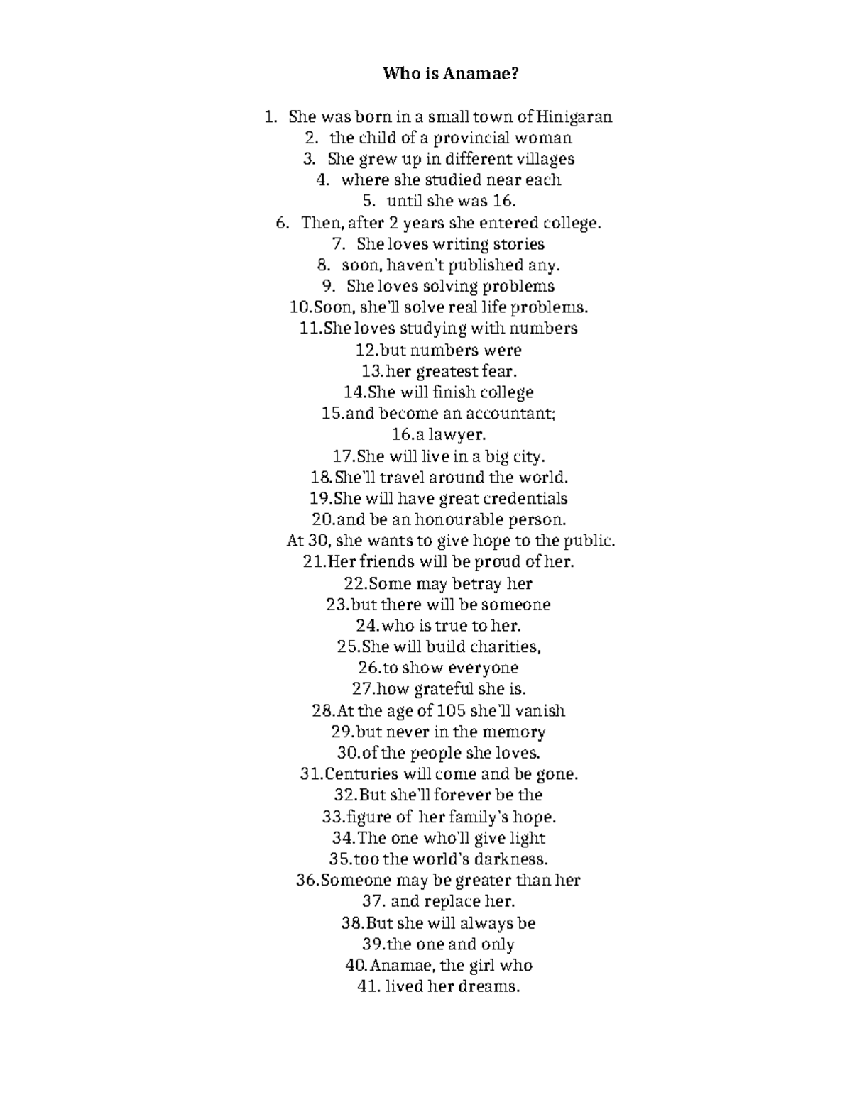 Poem - Performance Task - Who is Anamae? She was born in a small town ...