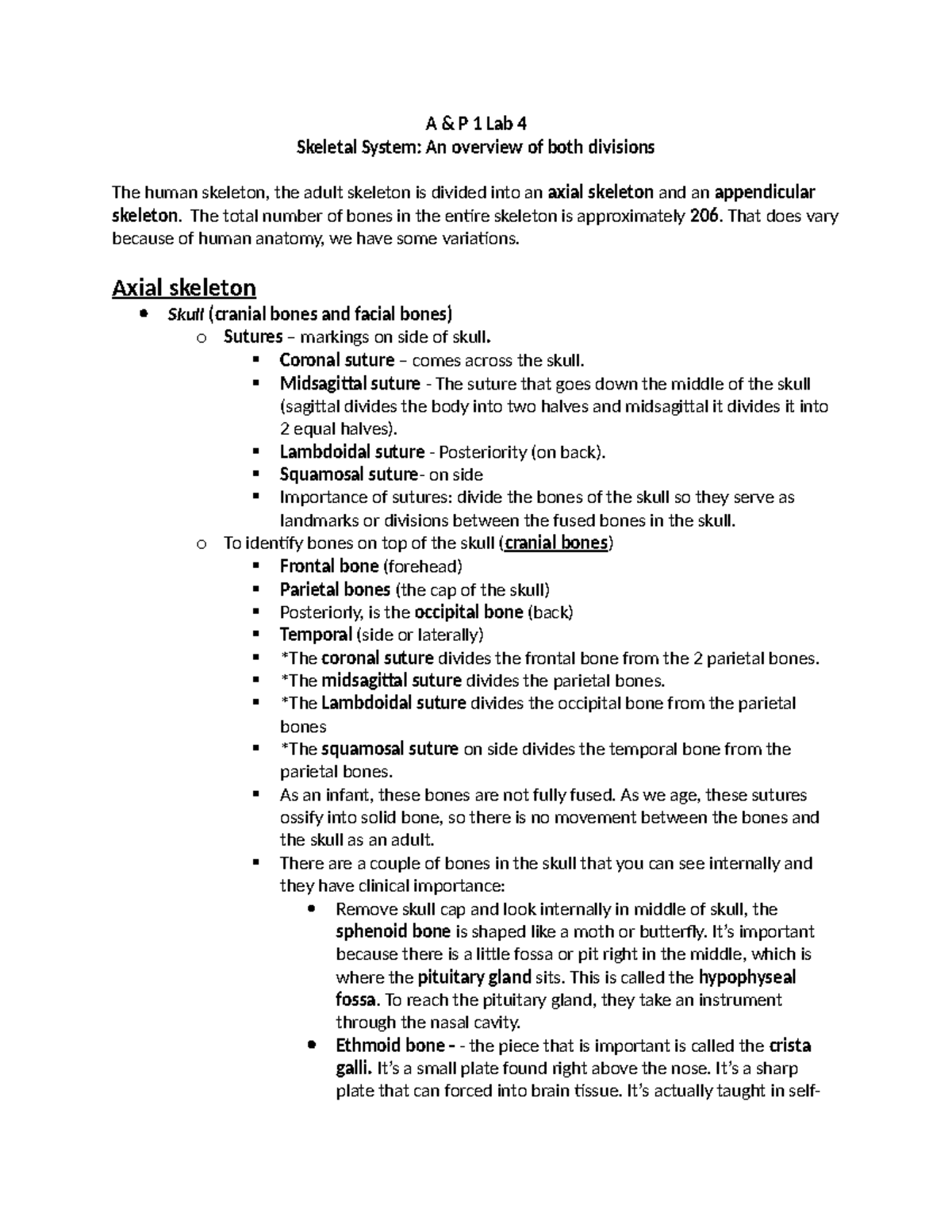 A&P Lab 4 - Lab 4 Notes - A & P 1 Lab 4 Skeletal System: An overview of ...