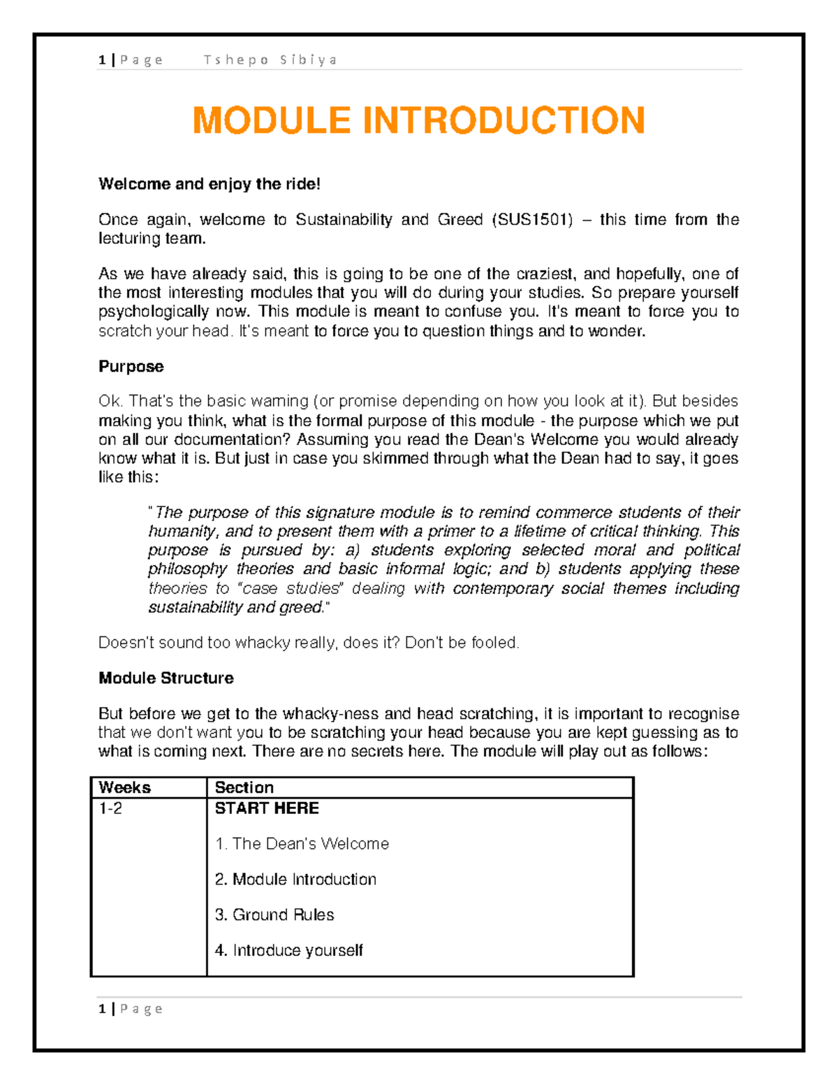 SUS1501 Study Guide - MODULE INTRODUCTION Welcome and enjoy the ride ...