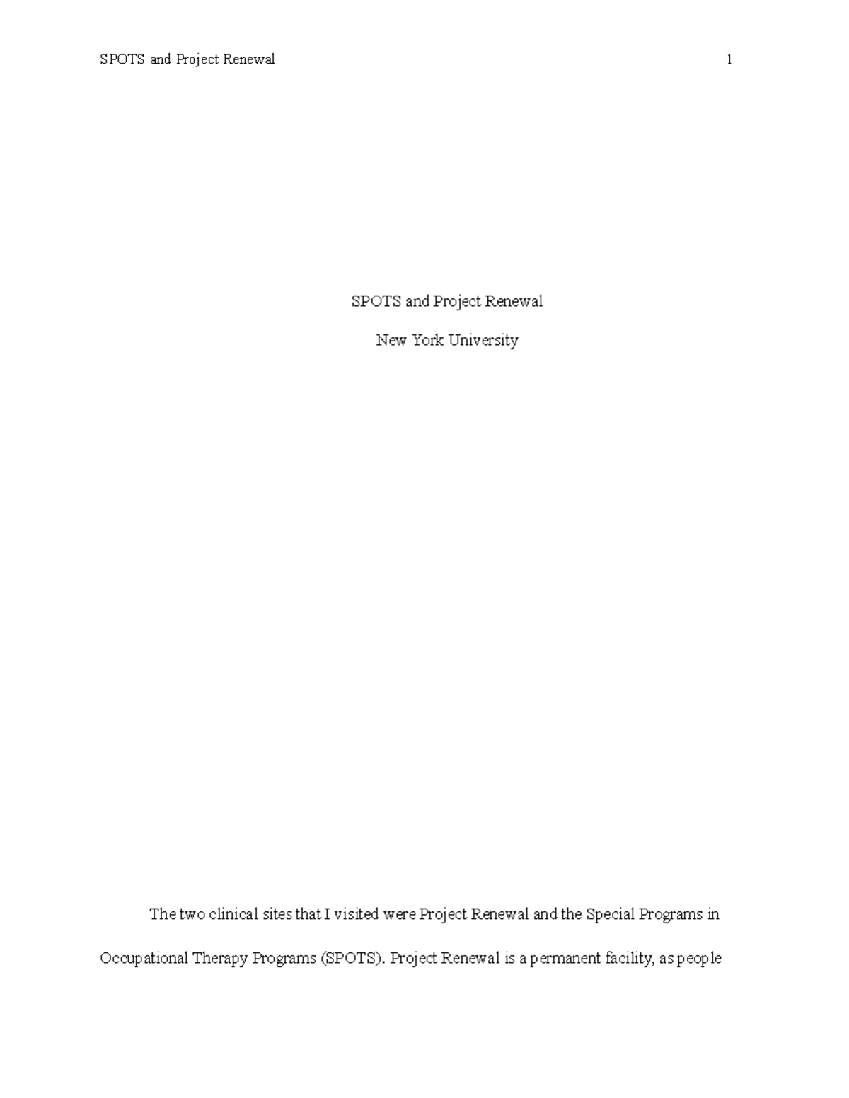 OT clinical site visit paper - SPOTS and Project Renewal 1 SPOTS and ...