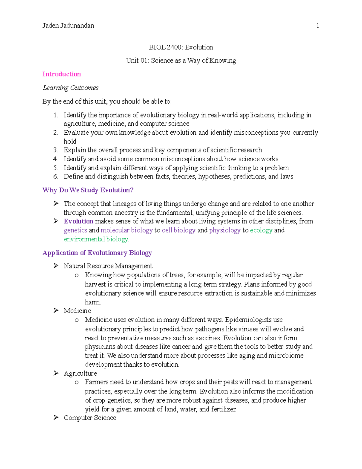 BIOL 2400 Unit 01 Notes (F21) - BIOL 2400 - U of G - Studocu