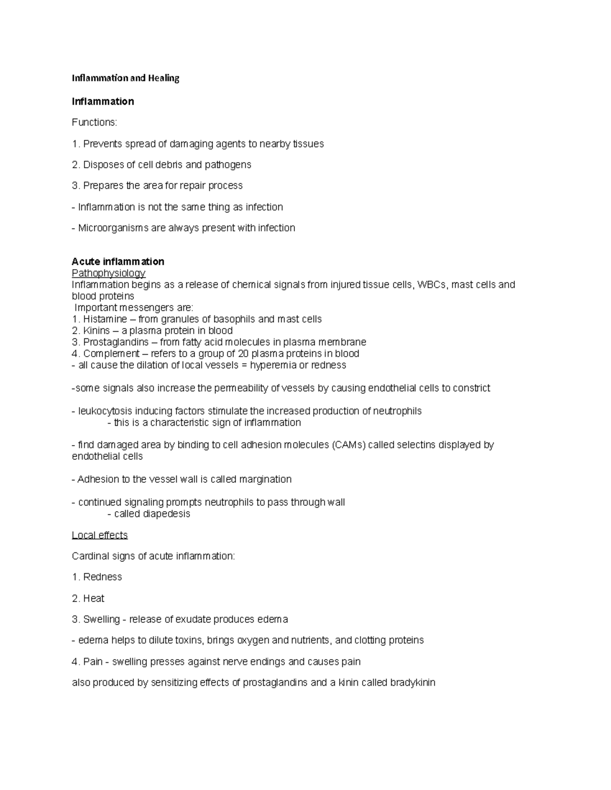 Patho Notes 5 - Inflammation and Healing Inflammation Functions ...