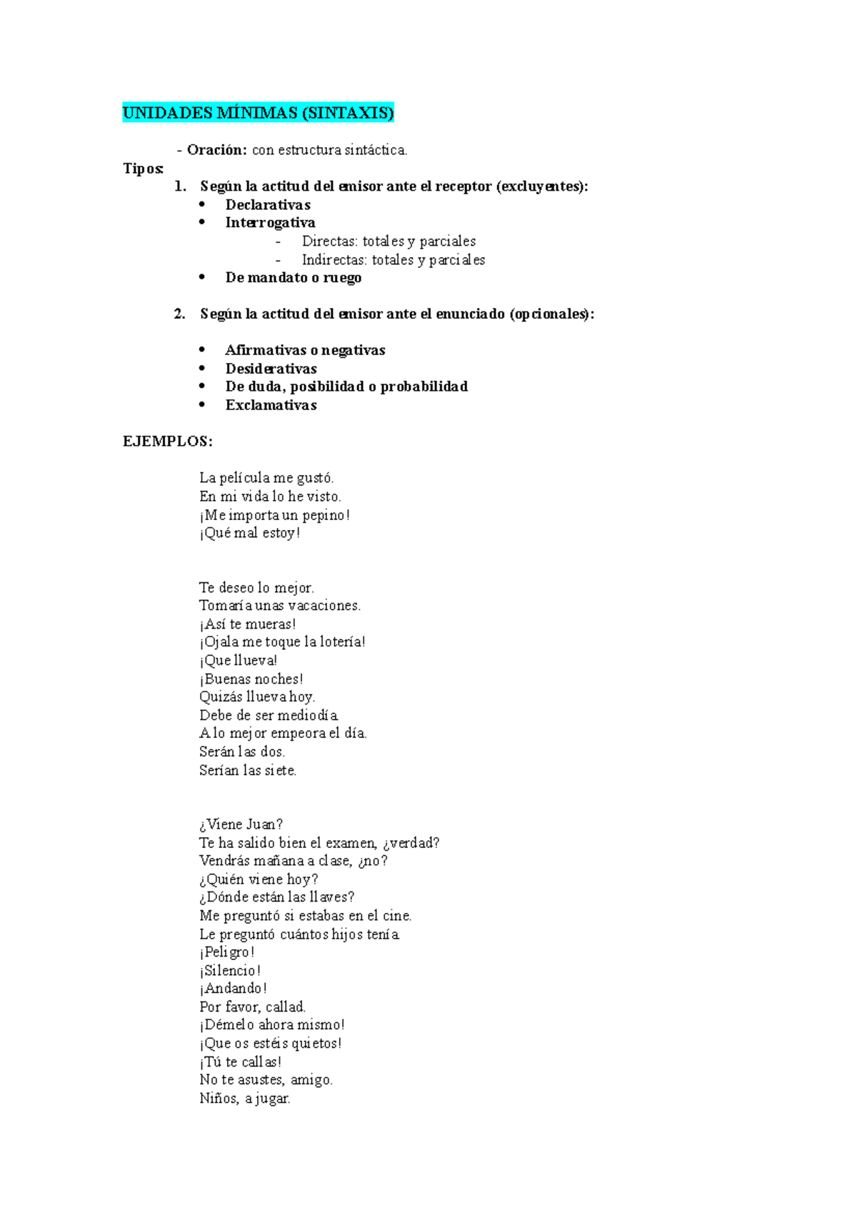 Esquemas de sintaxis (2) - UNIDADES MÍNIMAS (SINTAXIS) - Oración: con ...