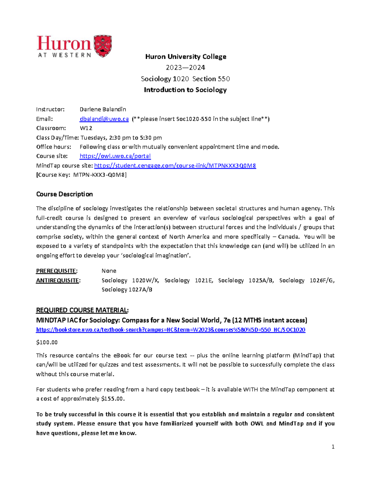 SOCIO1020 Syllabus - Huron University College 2023 — 2024 Sociology 102 ...