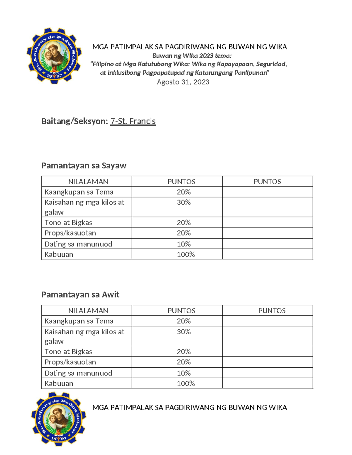 Pamantayan sa Pagmamarka (Buwan ng Wika) - MGA PATIMPALAK SA ...