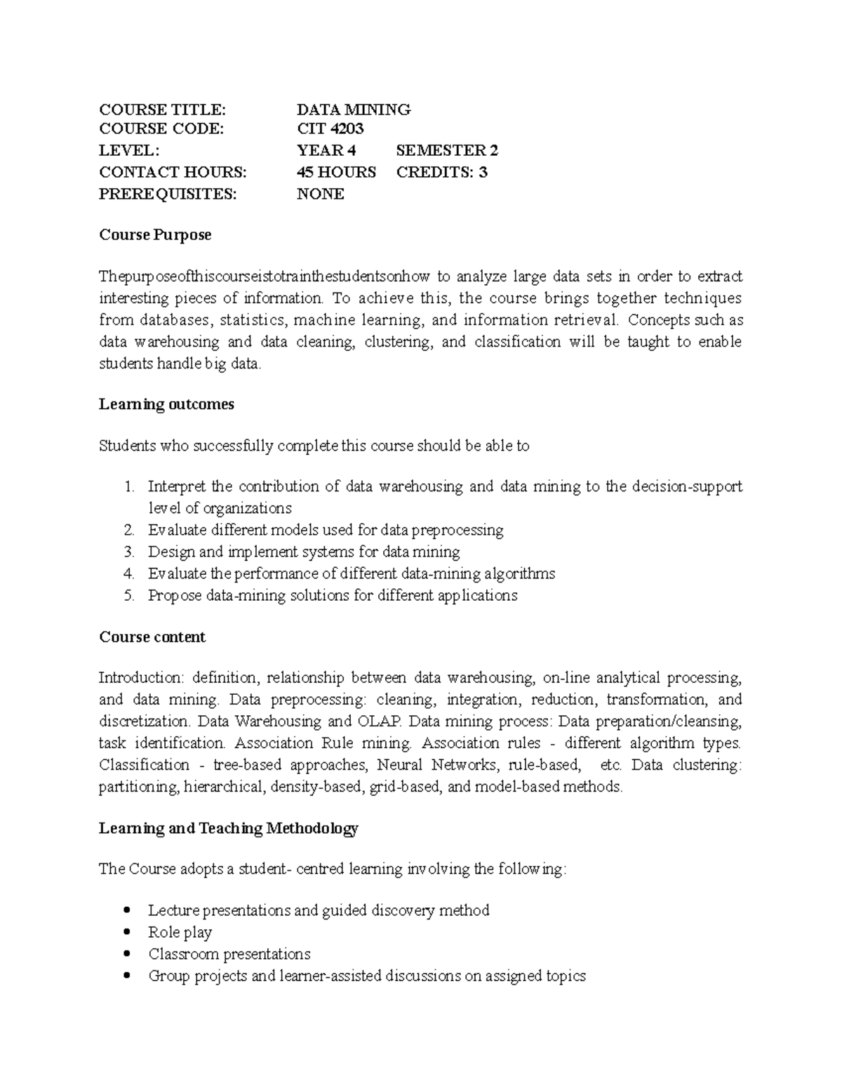 Course Outline DATA Mining - Database Management Systems - Studocu