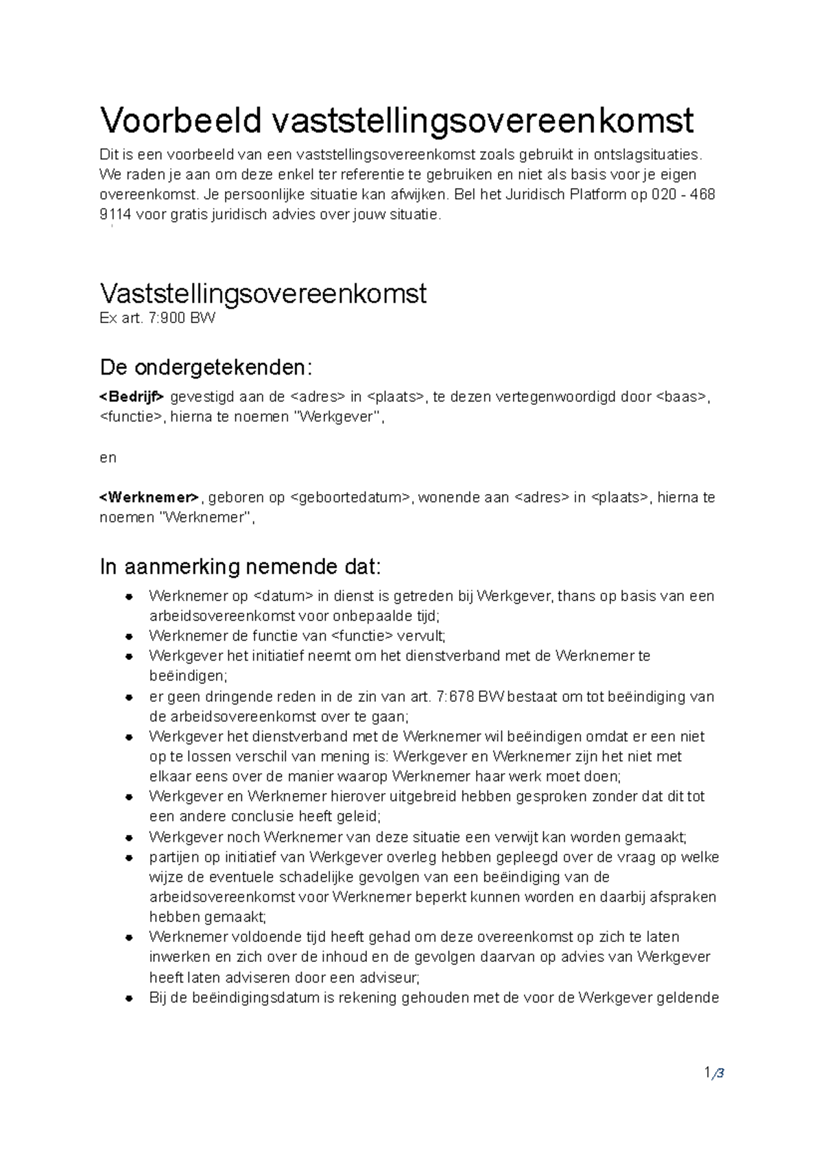 Voorbeeld-vaststellingsovereenkomst - Voorbeeld ...