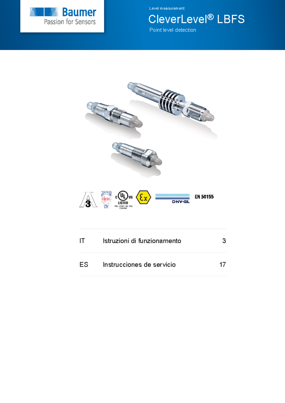 Sensor Nível LBFS 01711.0 Baumer - Level measurement CleverLevel ® LBFS Point level detection IT ...