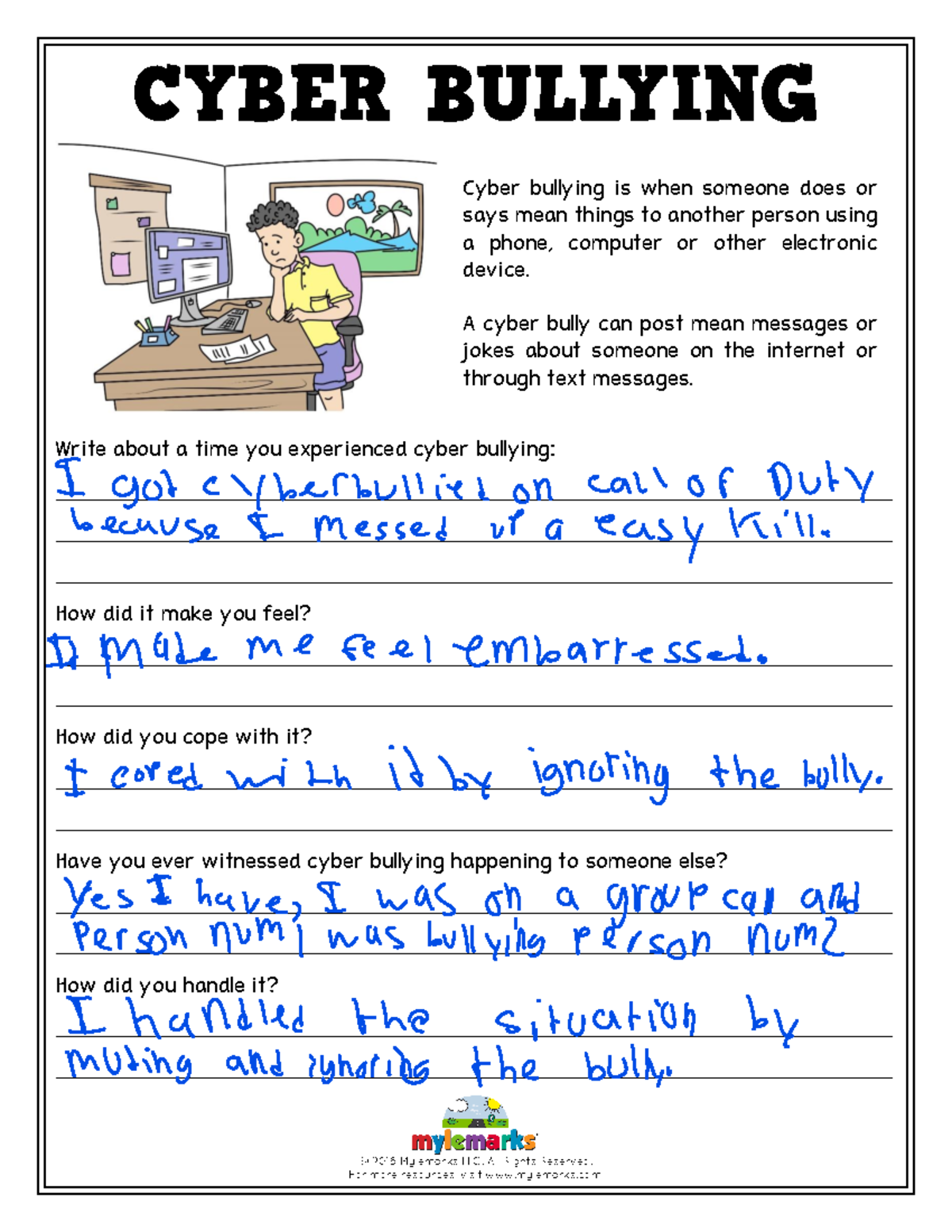 Cyberbullying-1 worksheet - Write about a time you experienced cyber ...