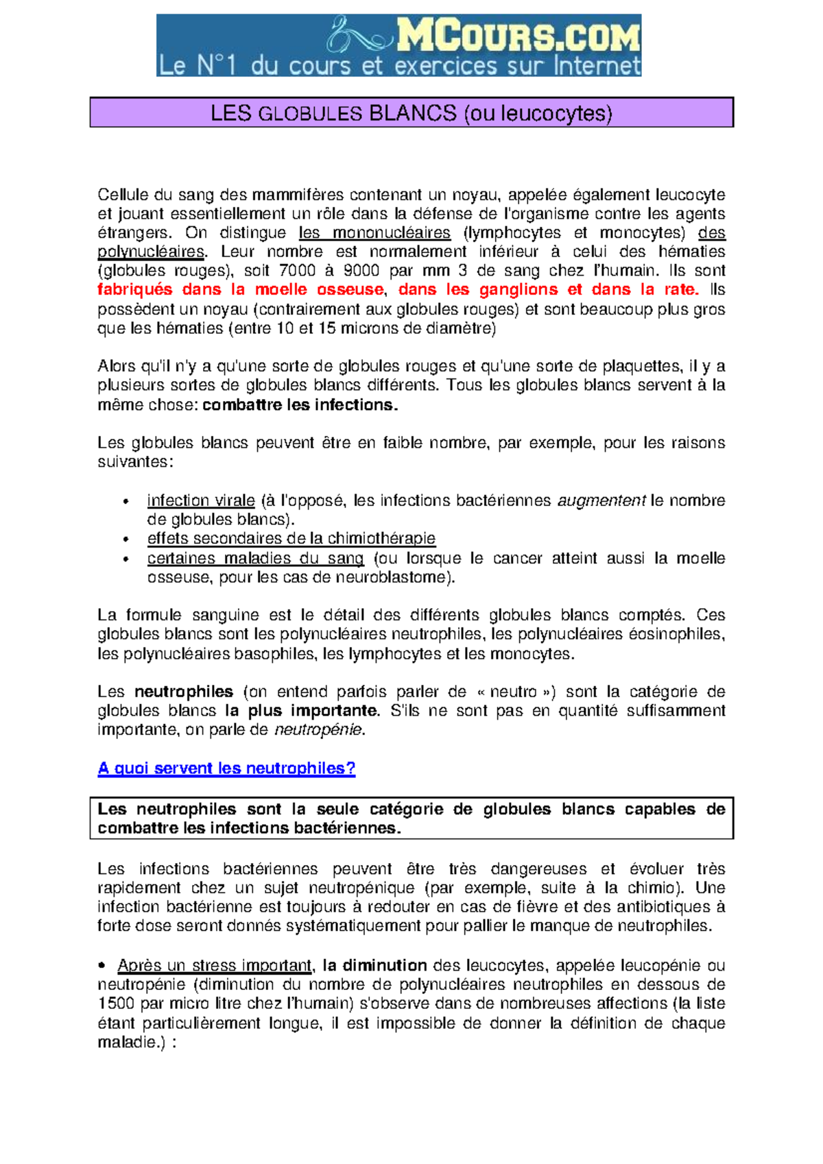 Les globules blancs - LES GLOBULES BLANCS (ou leucocytes) Cellule du ...