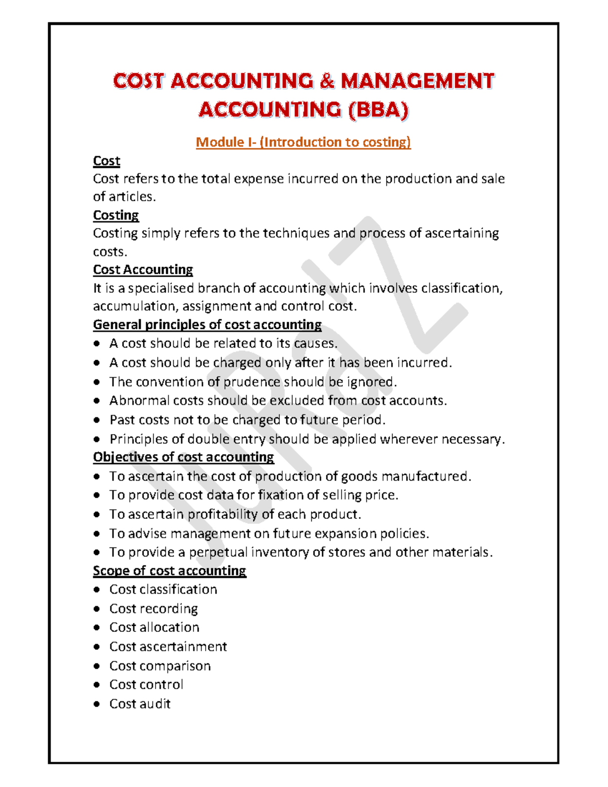 Cost and mgt accounting- Module I- BBA - Module I- (Introduction to ...