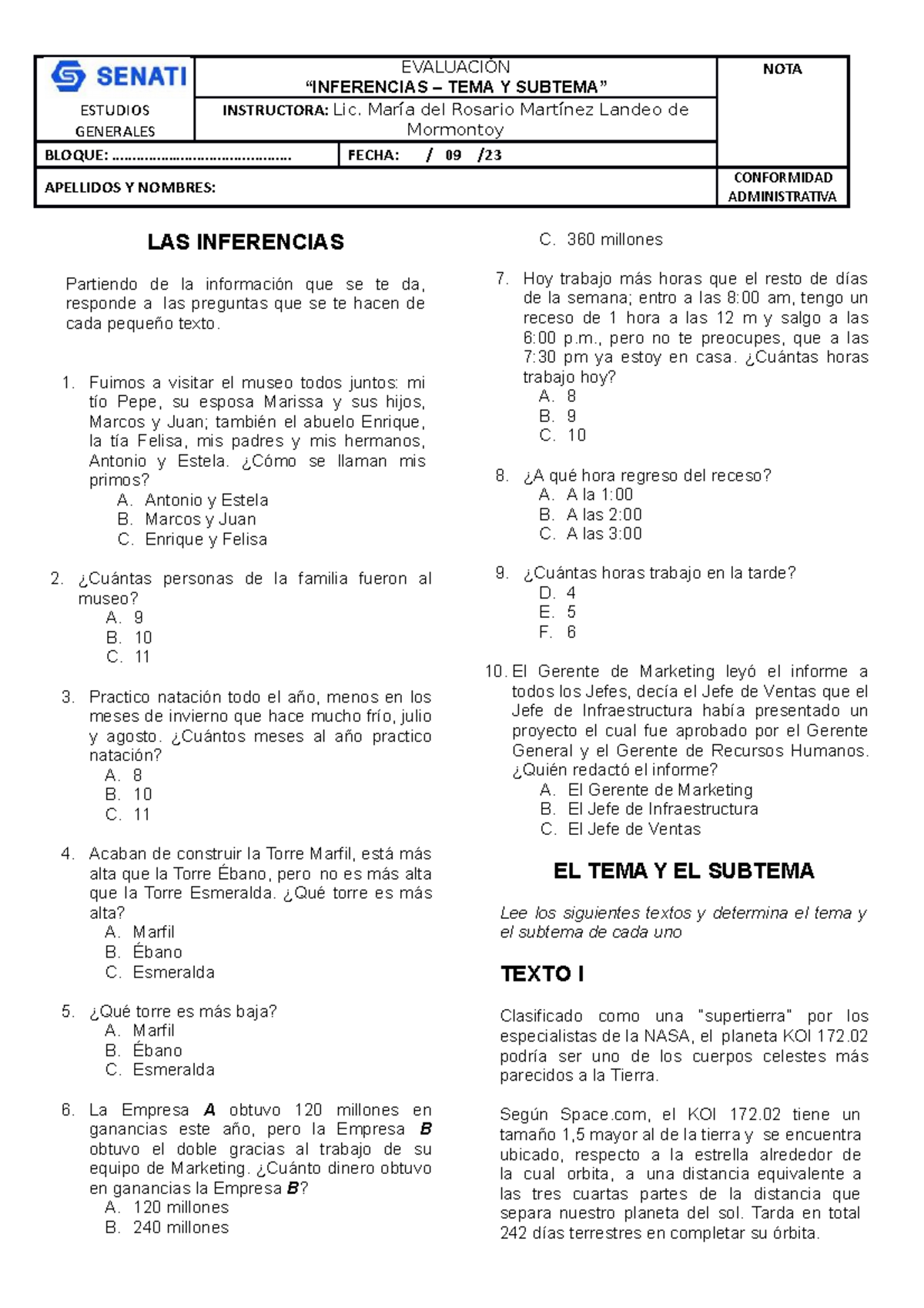 Práctica DE Inferencias TEMA Y Subtema - ESTUDIOS GENERALES EVALUACIÓN ...