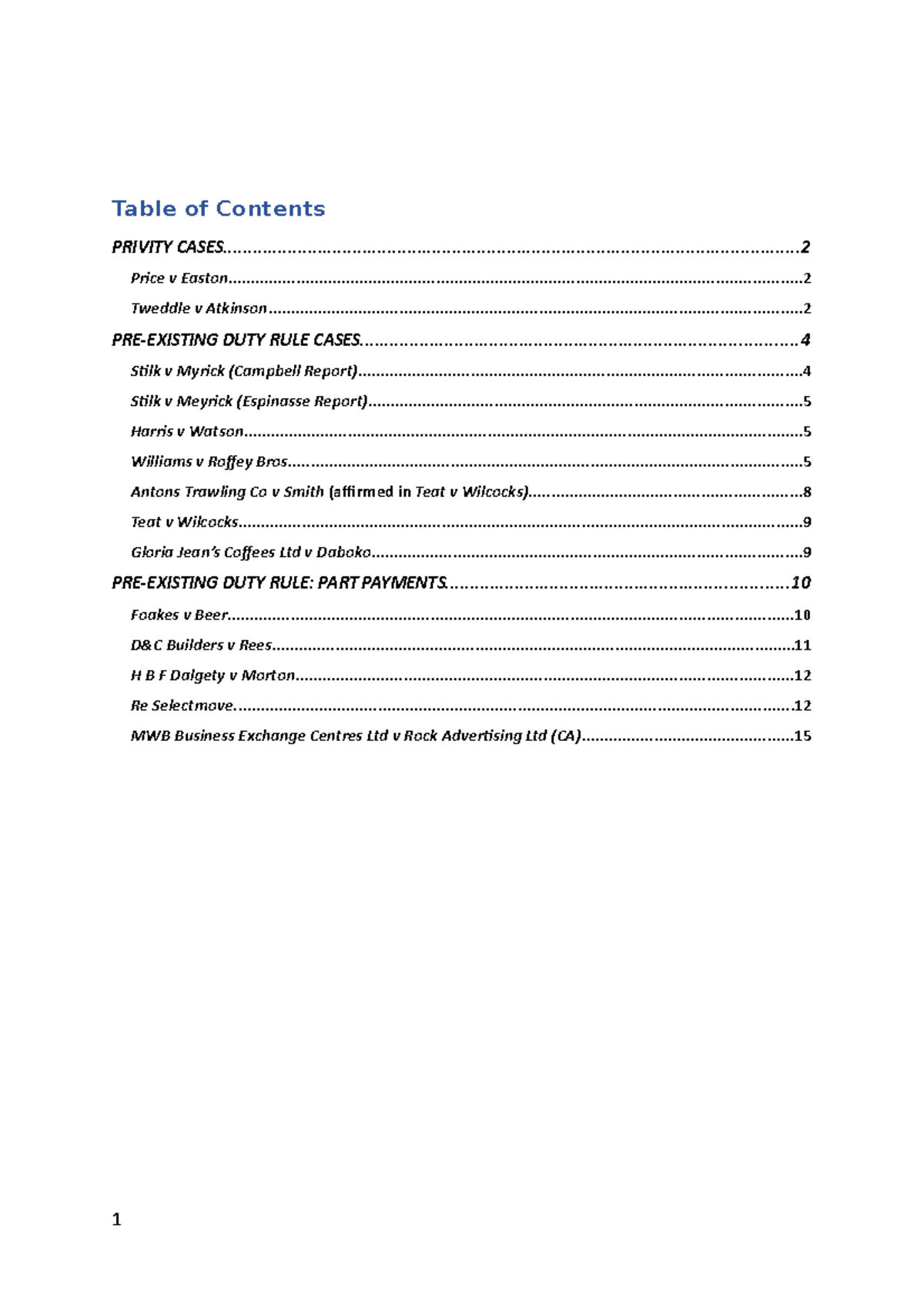 Case briefs contract law - Table of Contents PRIVITY - Studocu
